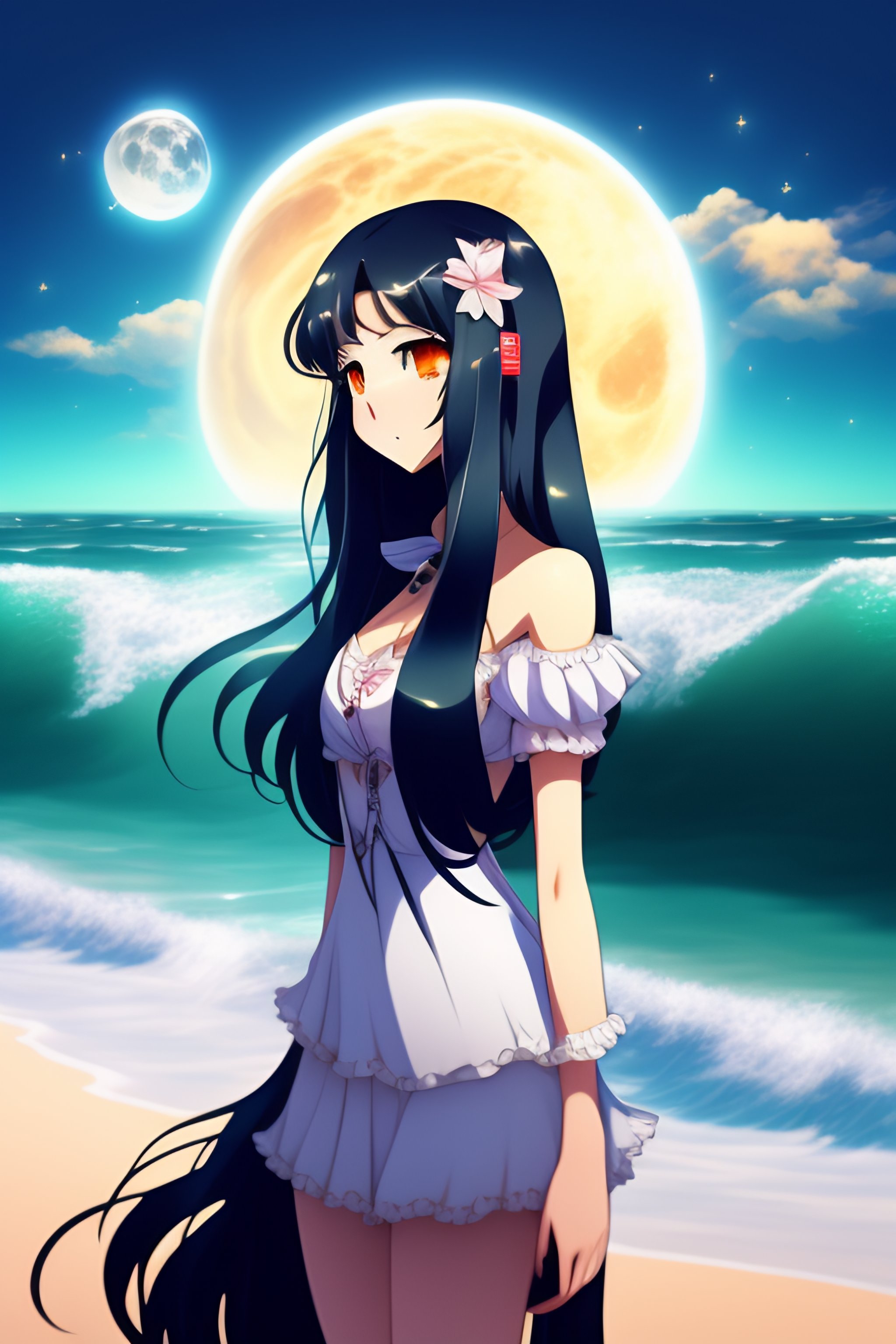 Lexica Beautiful Anime Girl With Long Black Hair White Sand Beach Moon In The Sky Bonfire