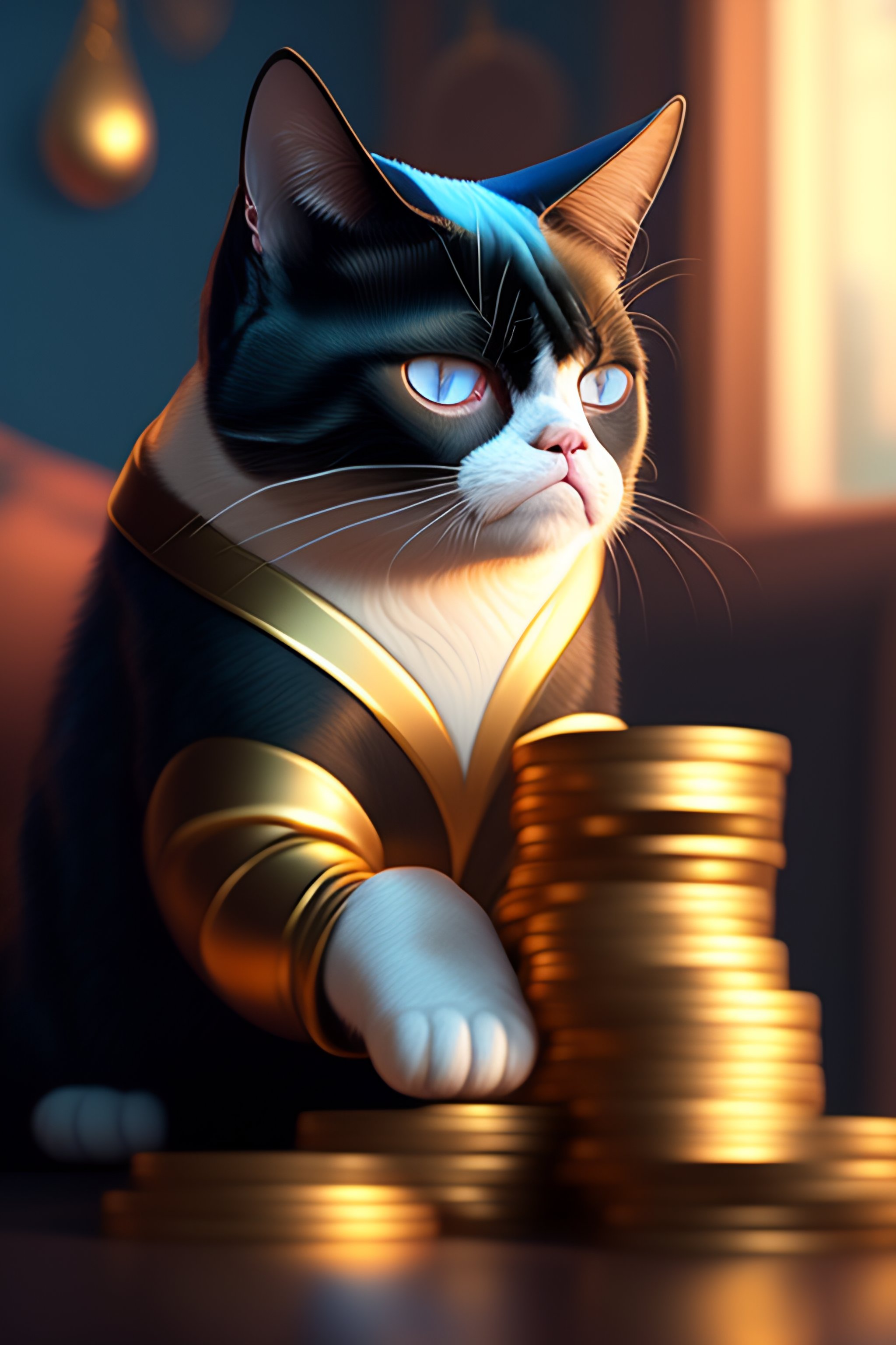 Lexica - A grumpy cat counting gold coins at home, in disney concept ...