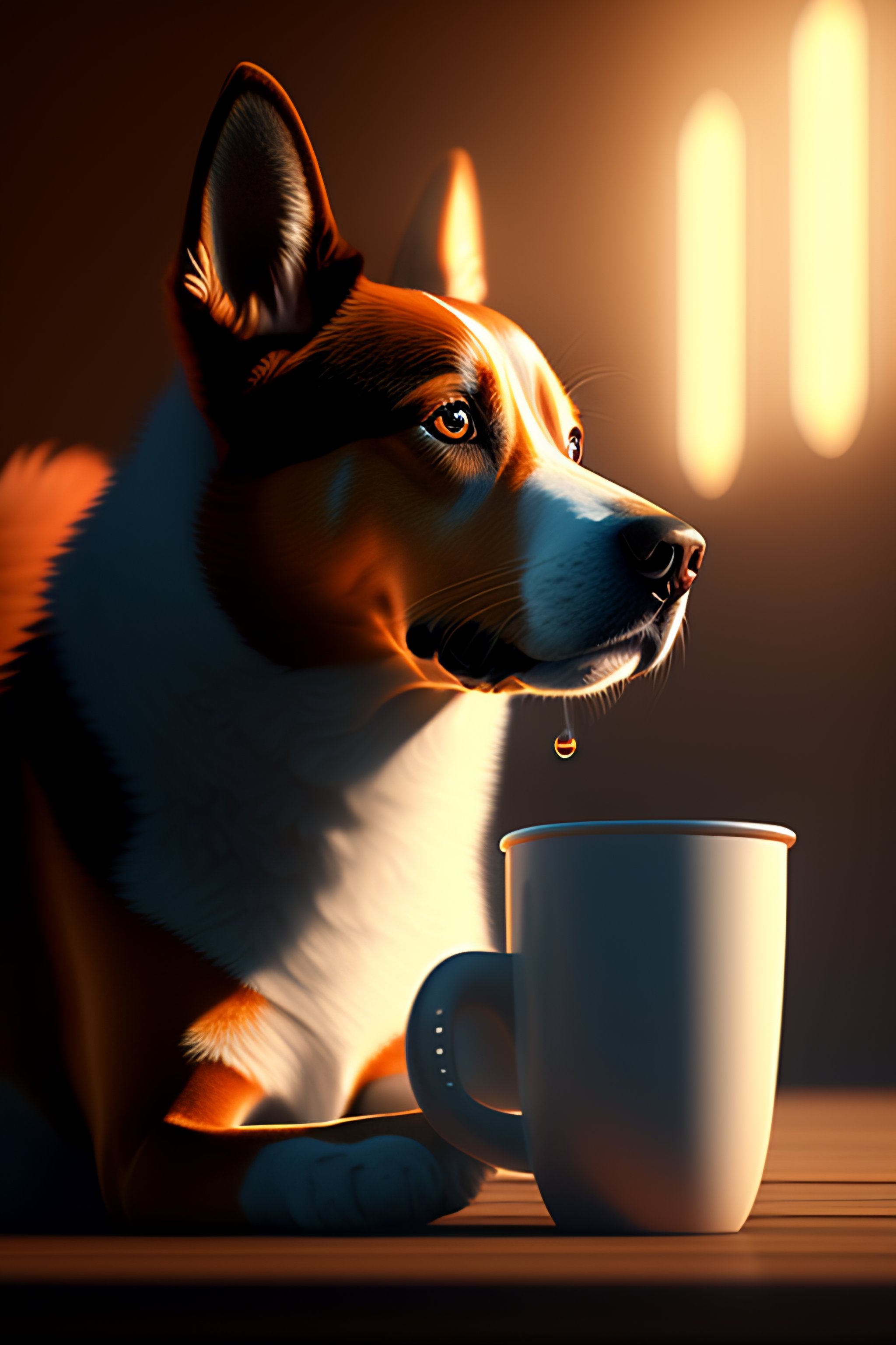 Lexica - Furry dog drinking coffee, cinematic lighting, hyper detailed ...