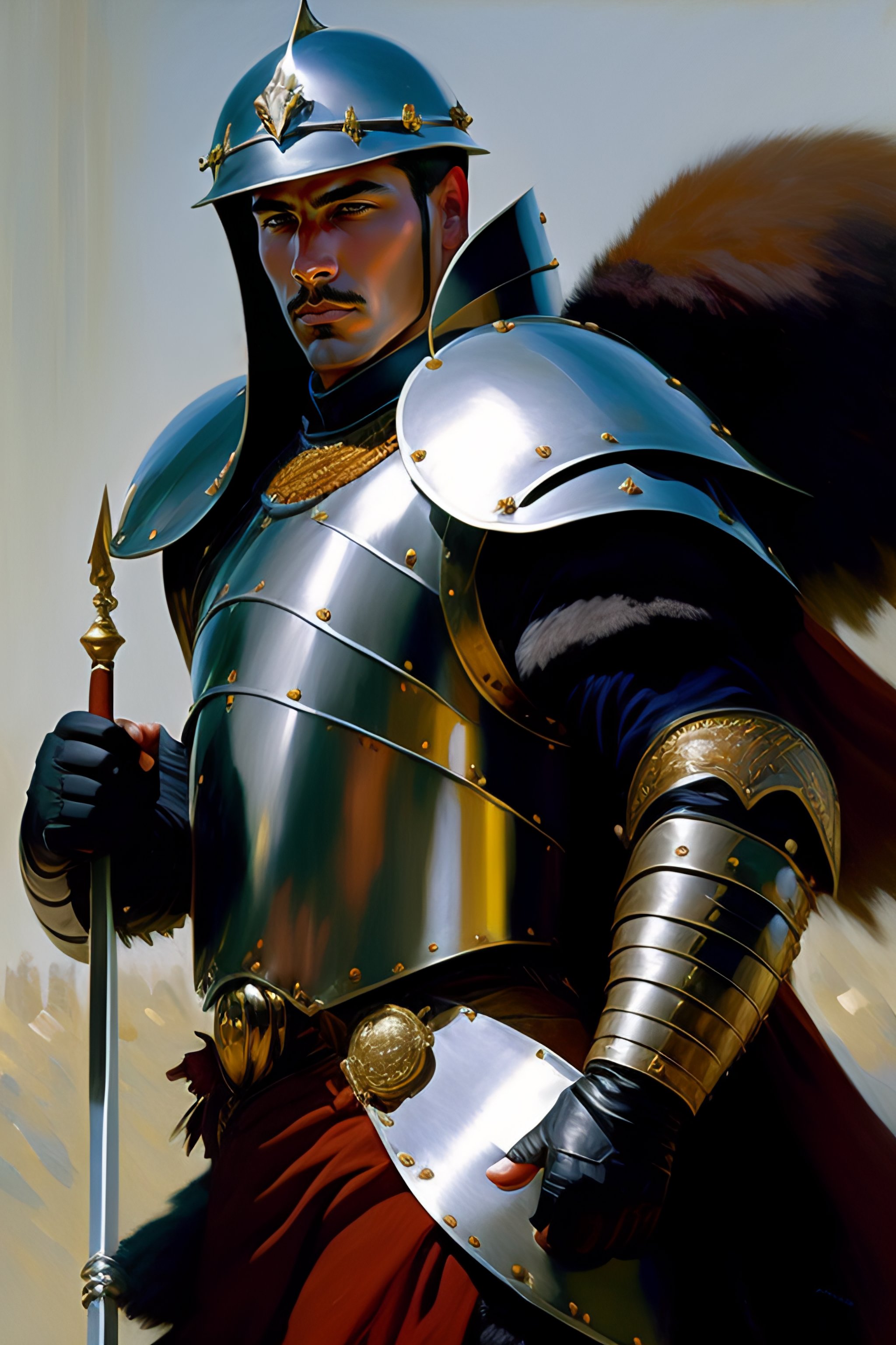 Lexica - Action shot of a man in dark grey banded mail armor, fur armor ...