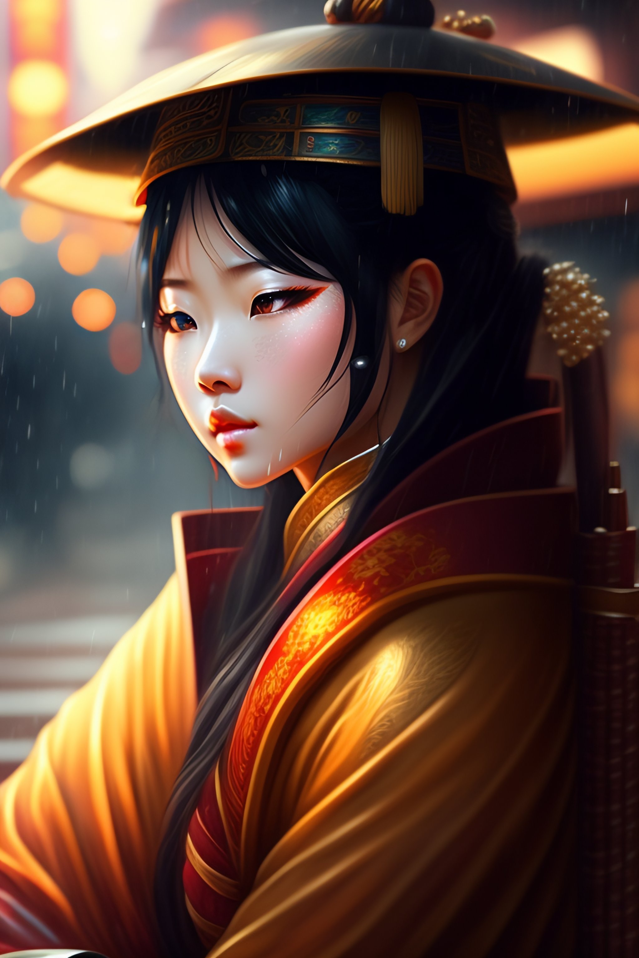 Lexica - Anime samurai girl standing in the rain wearing traditional ...
