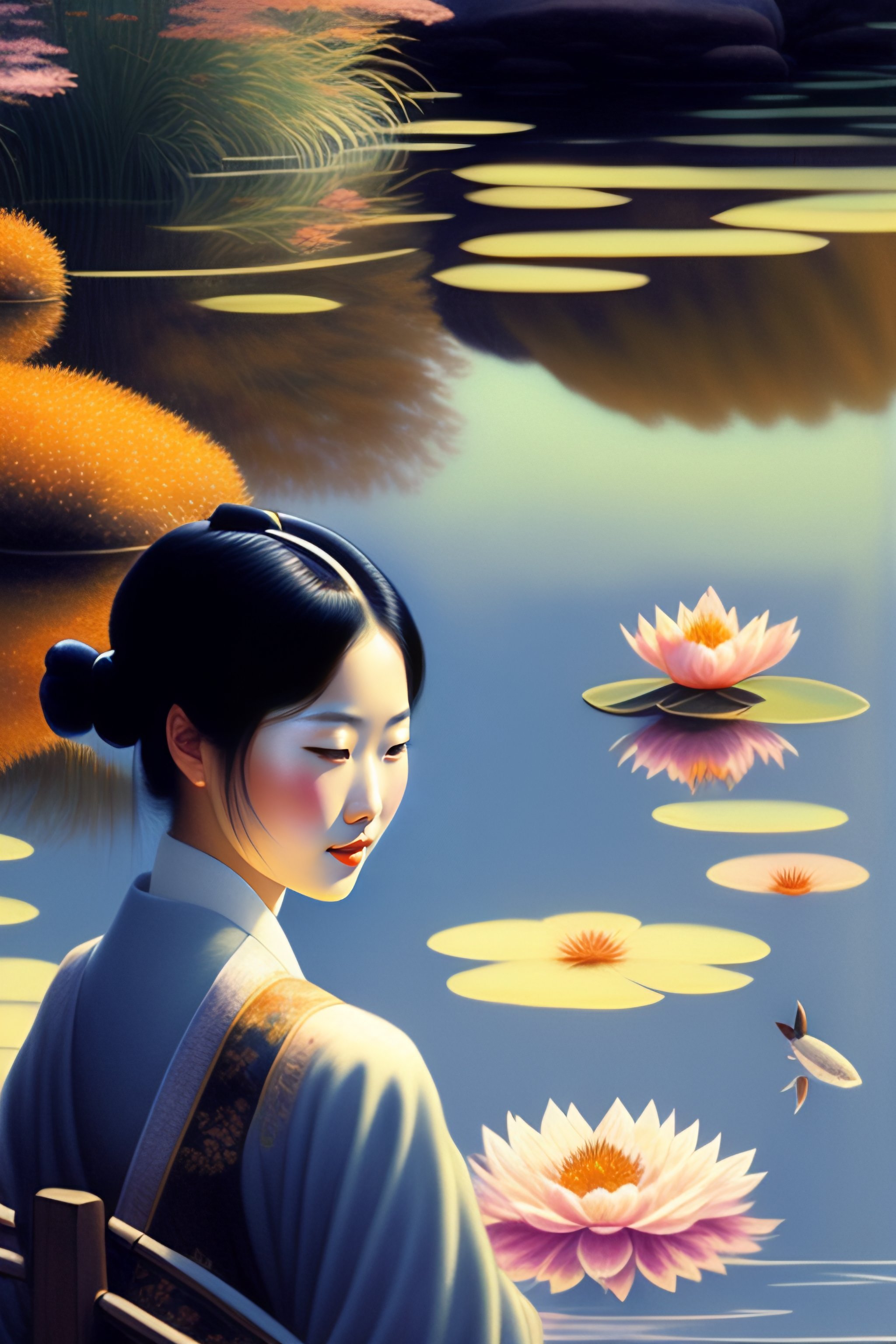 Lexica - Beautiful japanese girl, close up, reflected in the water, by ...