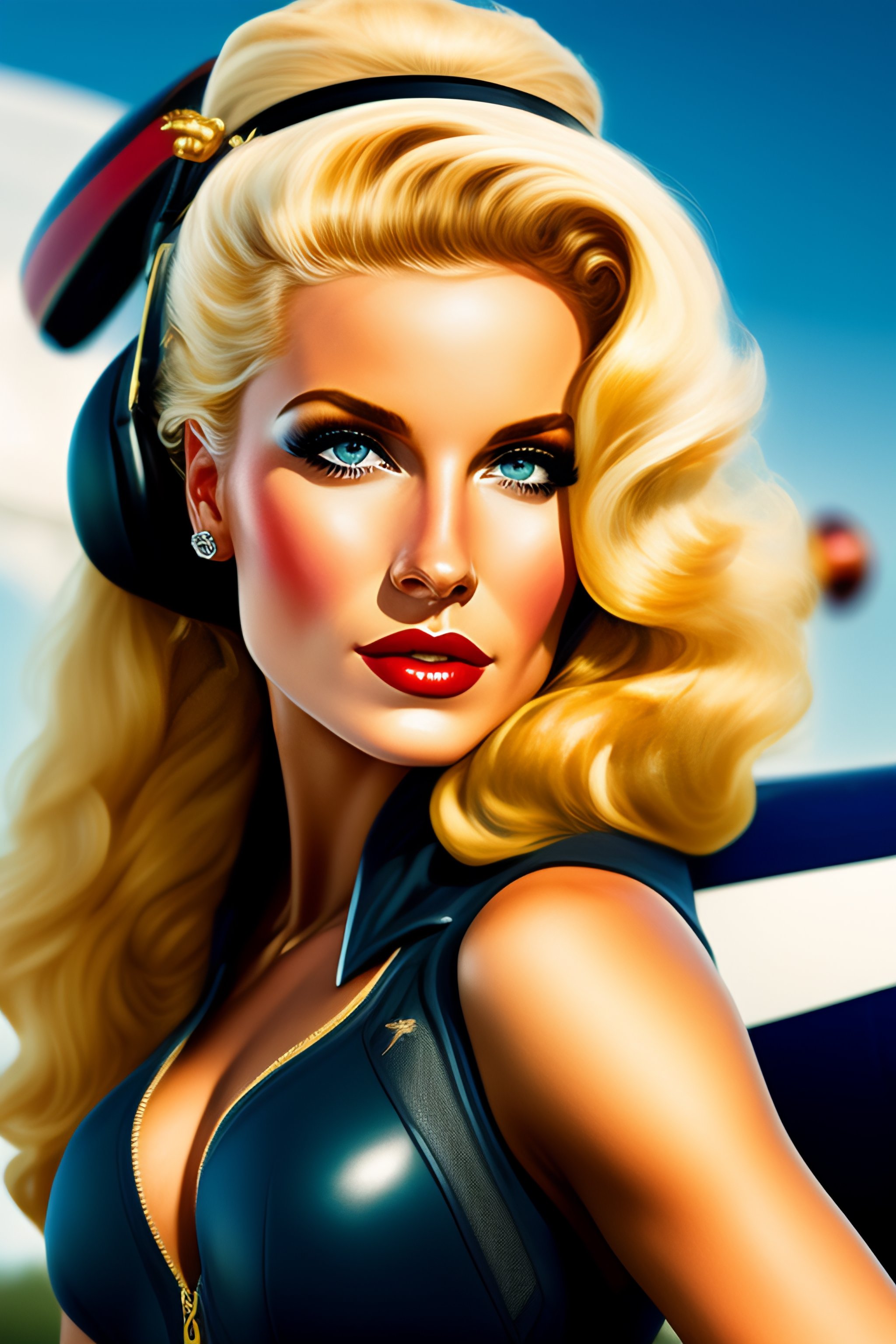 Lexica - Blond pin-up, with a corsair aircraft behind her