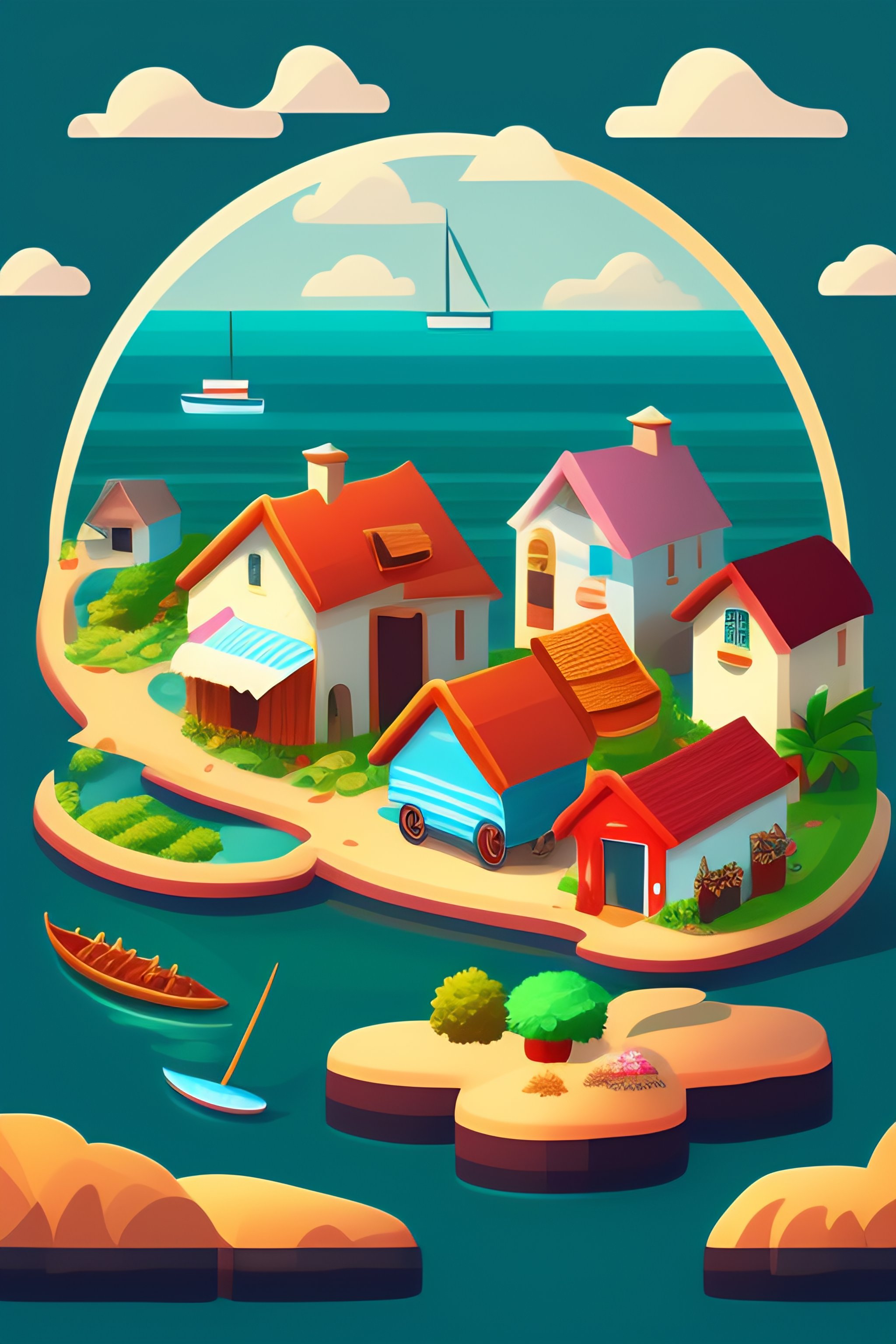 Lexica - Flat vertical view of a complete seaside village with various ...