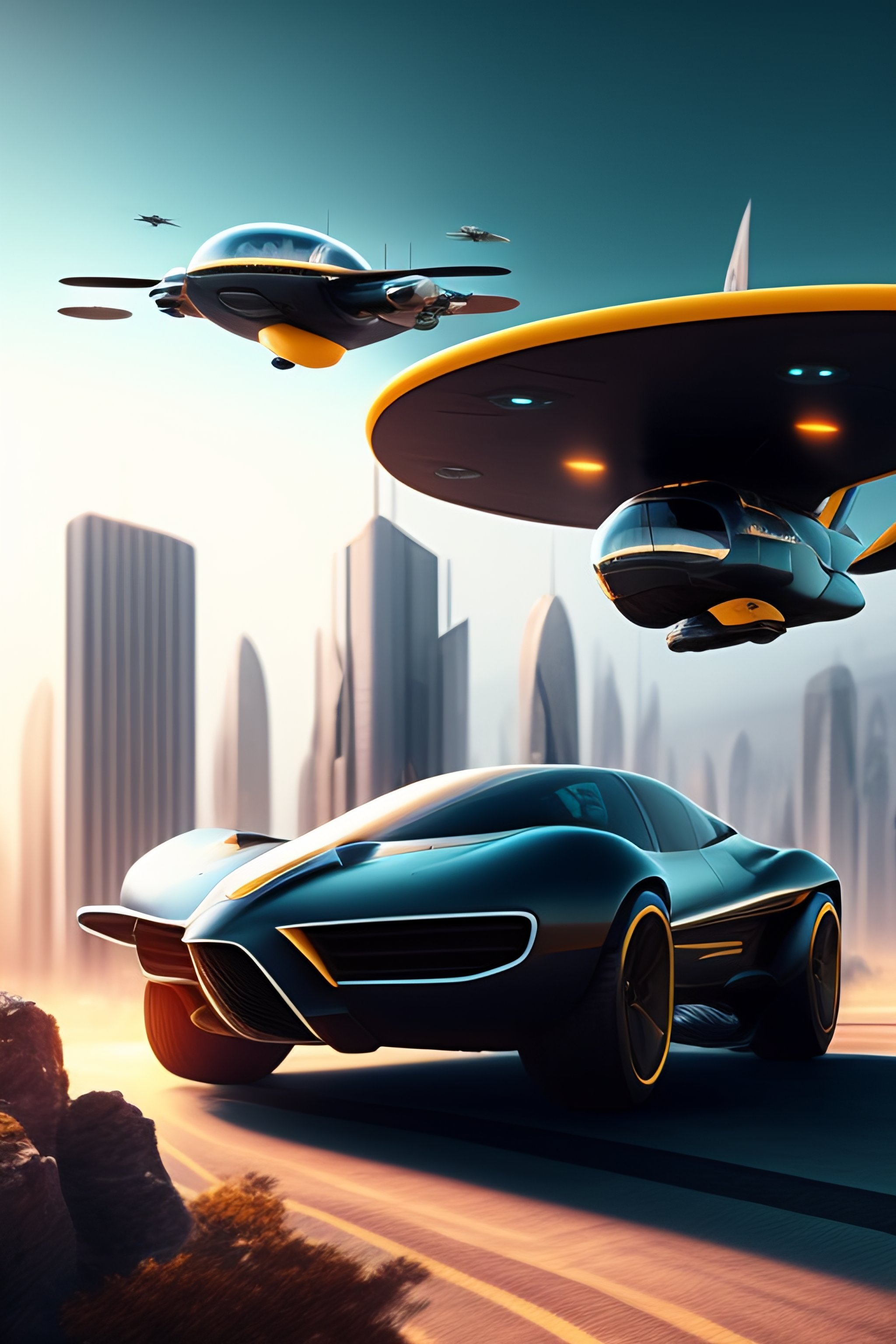 Lexica - A flying car with jet engine on the back flying across a ...