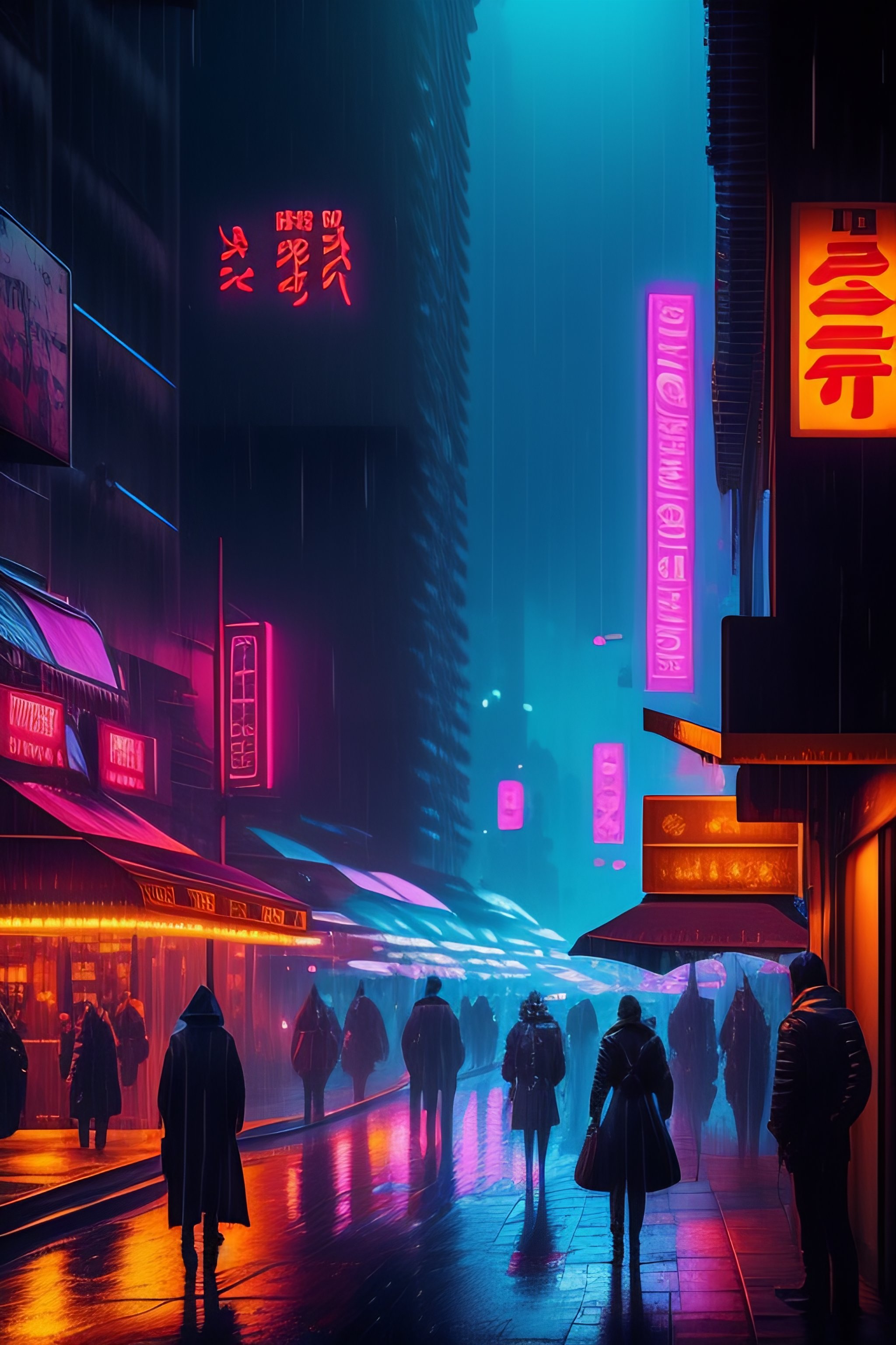 Lexica - Cyberpunk street scene raining night time with neon signs ...