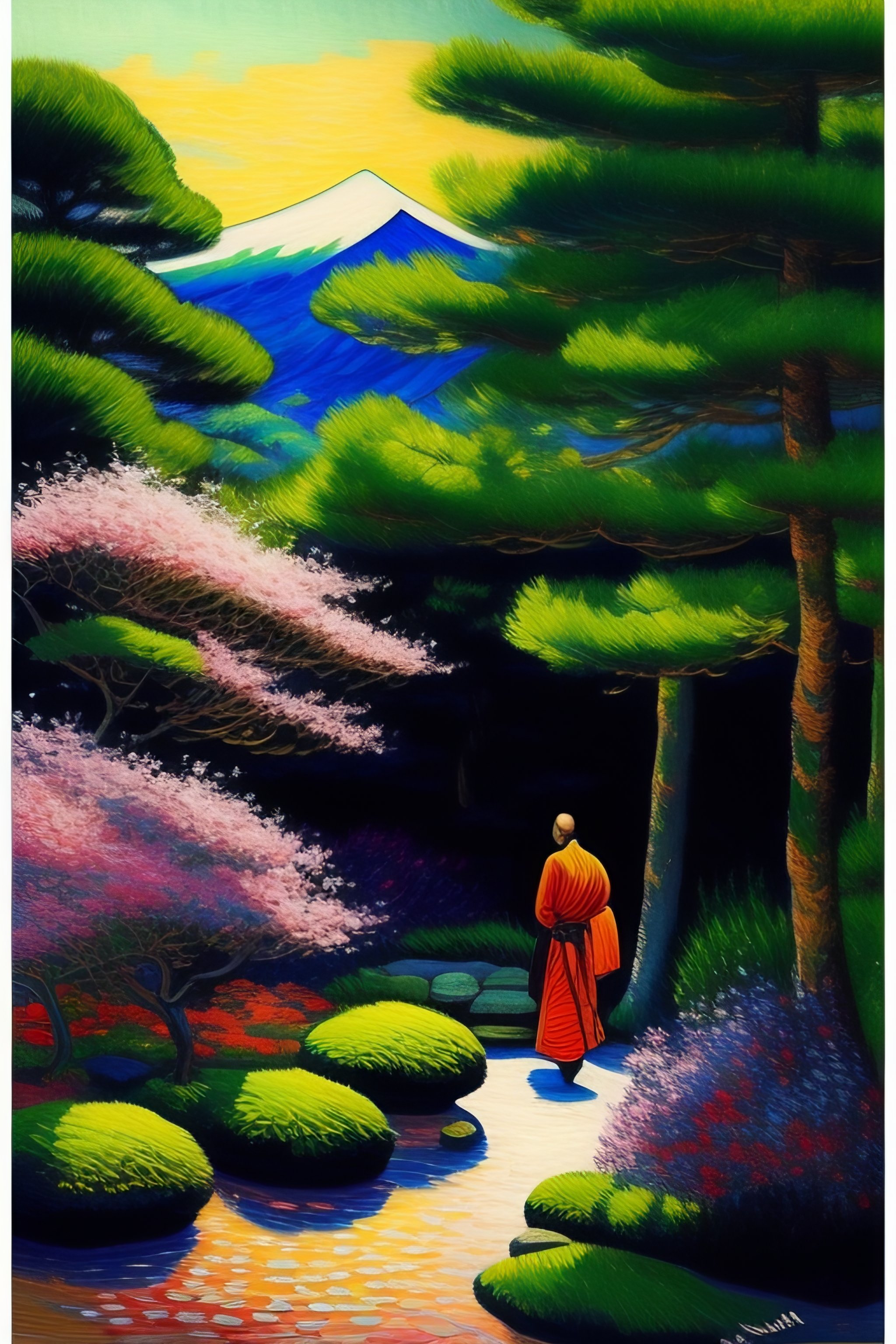 Lexica - Drawing of a monk meditating in a japanese garden with cherry ...