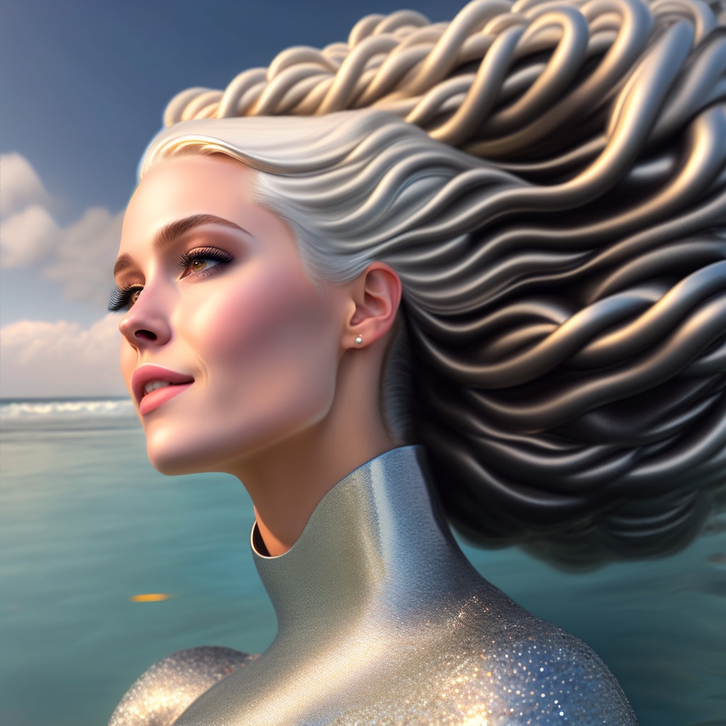 Lexica - Blonde woman has an endlessly tall twisted column of silver ...