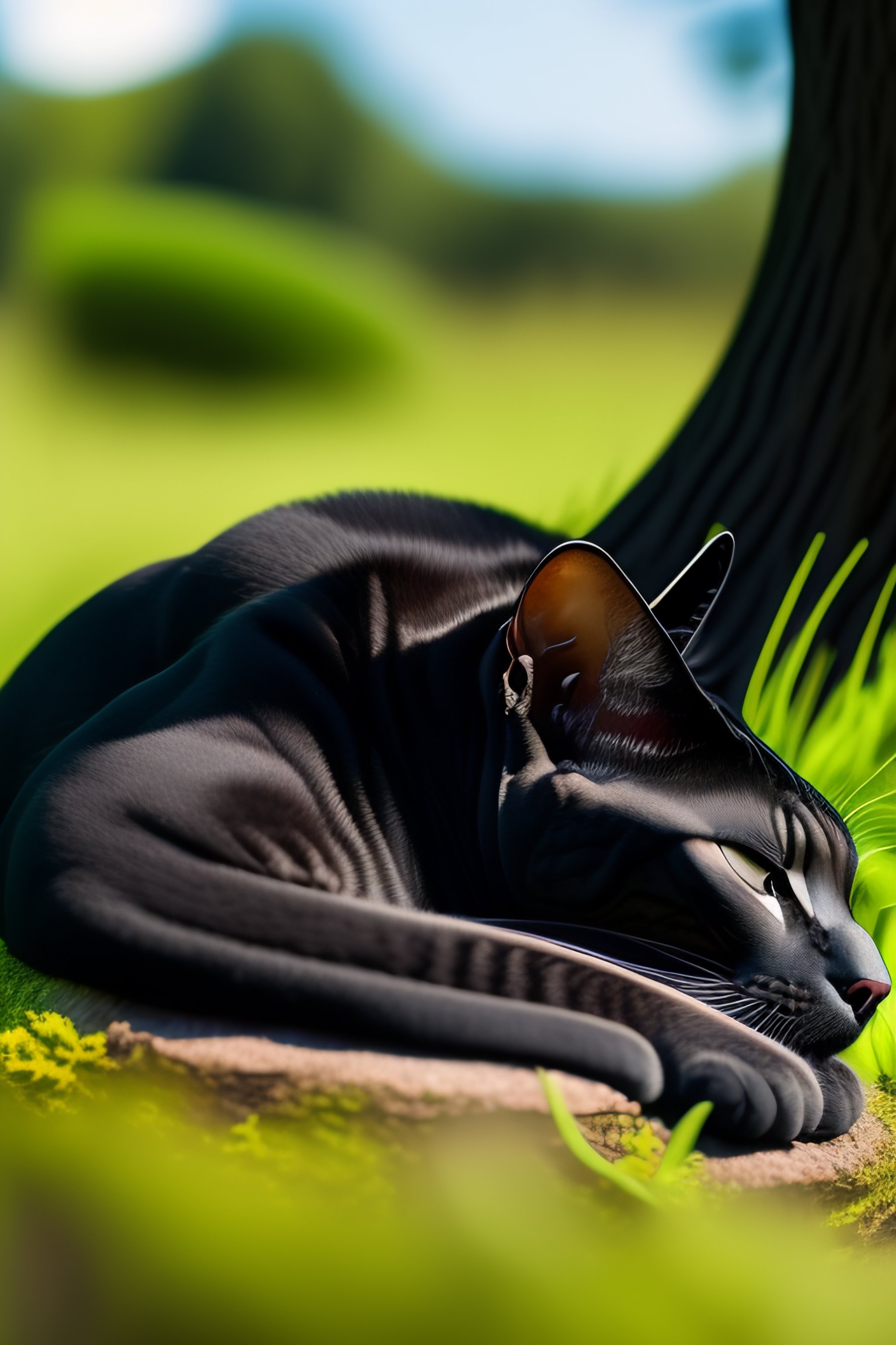 Lexica - Wide angle view from a distance of a black sphinx cat sleeping ...