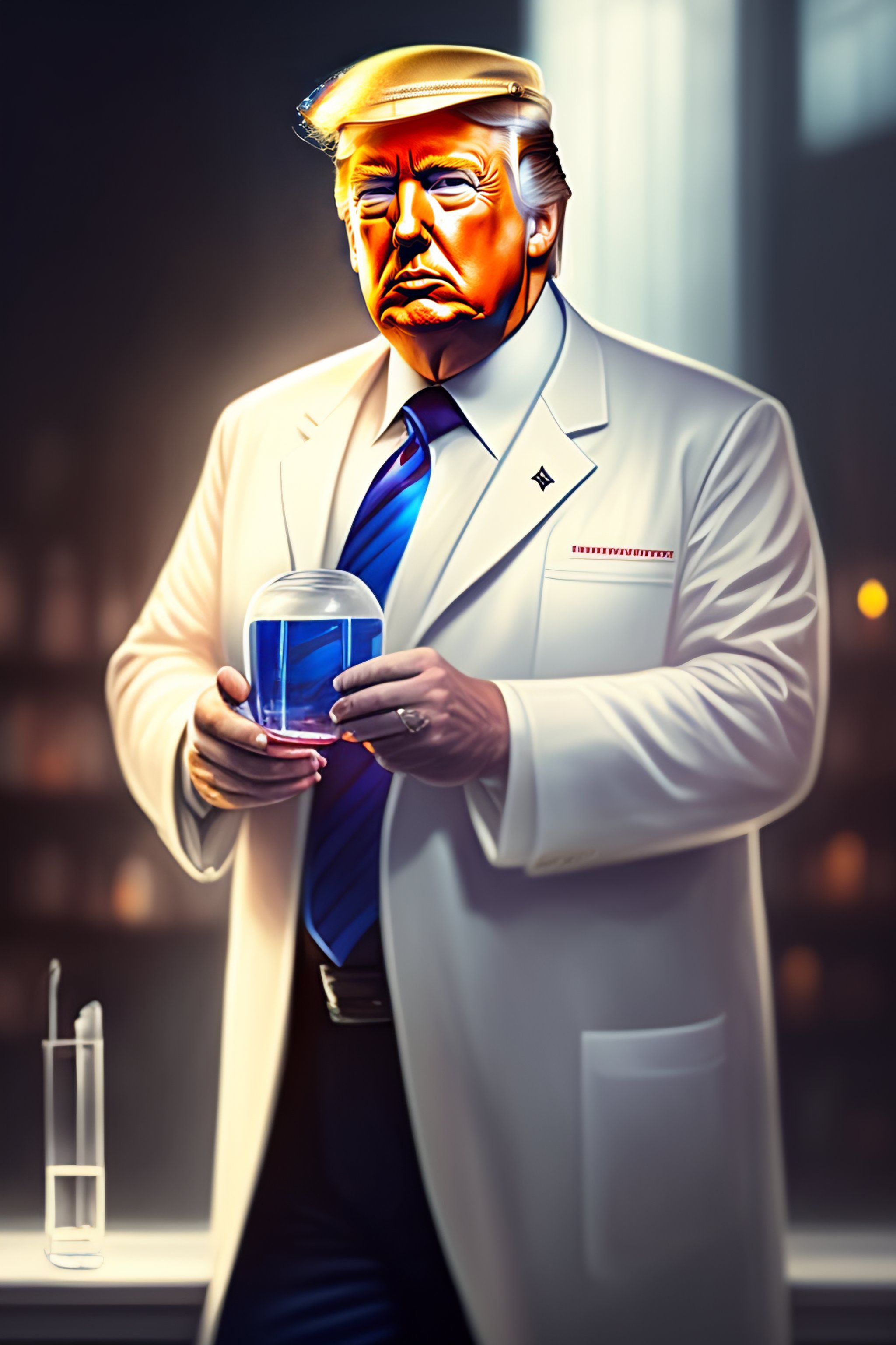 Lexica - Donald Trump holds a ehrlenmeyer flask at eye level, wearing a ...