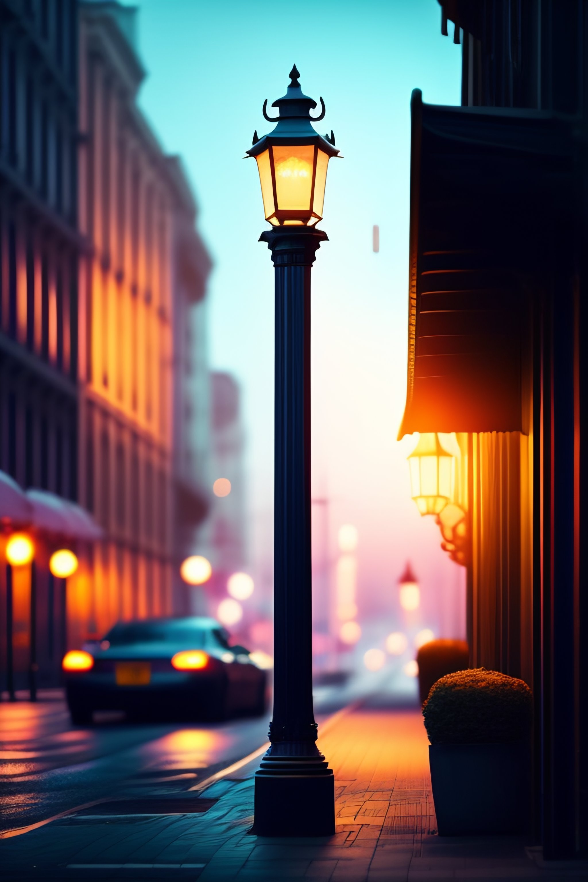 Lexica - Cyberpunk, town, lamp post, night,