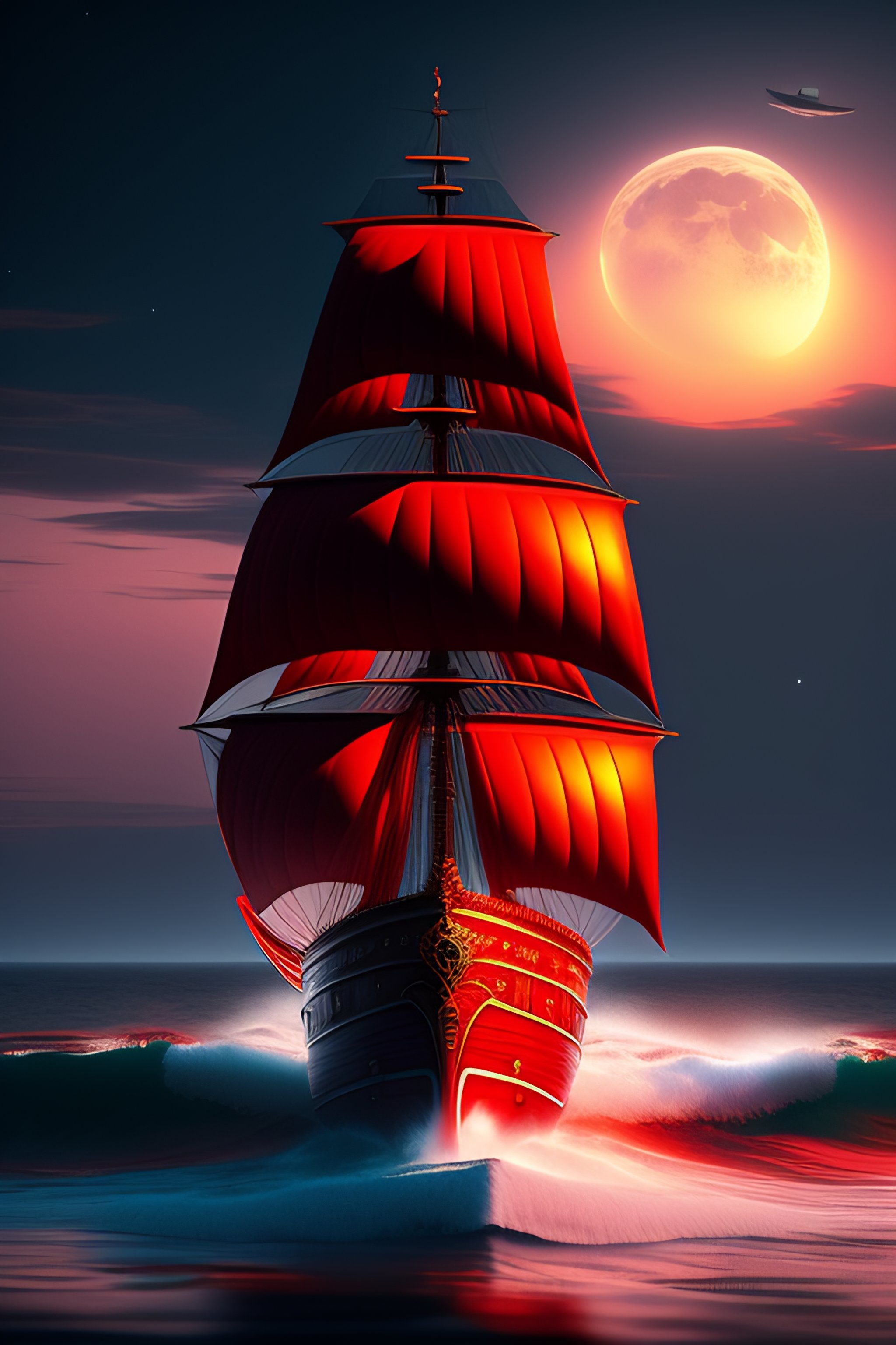 Lexica - A big red ship with black sails is sailing on the sea, big ...