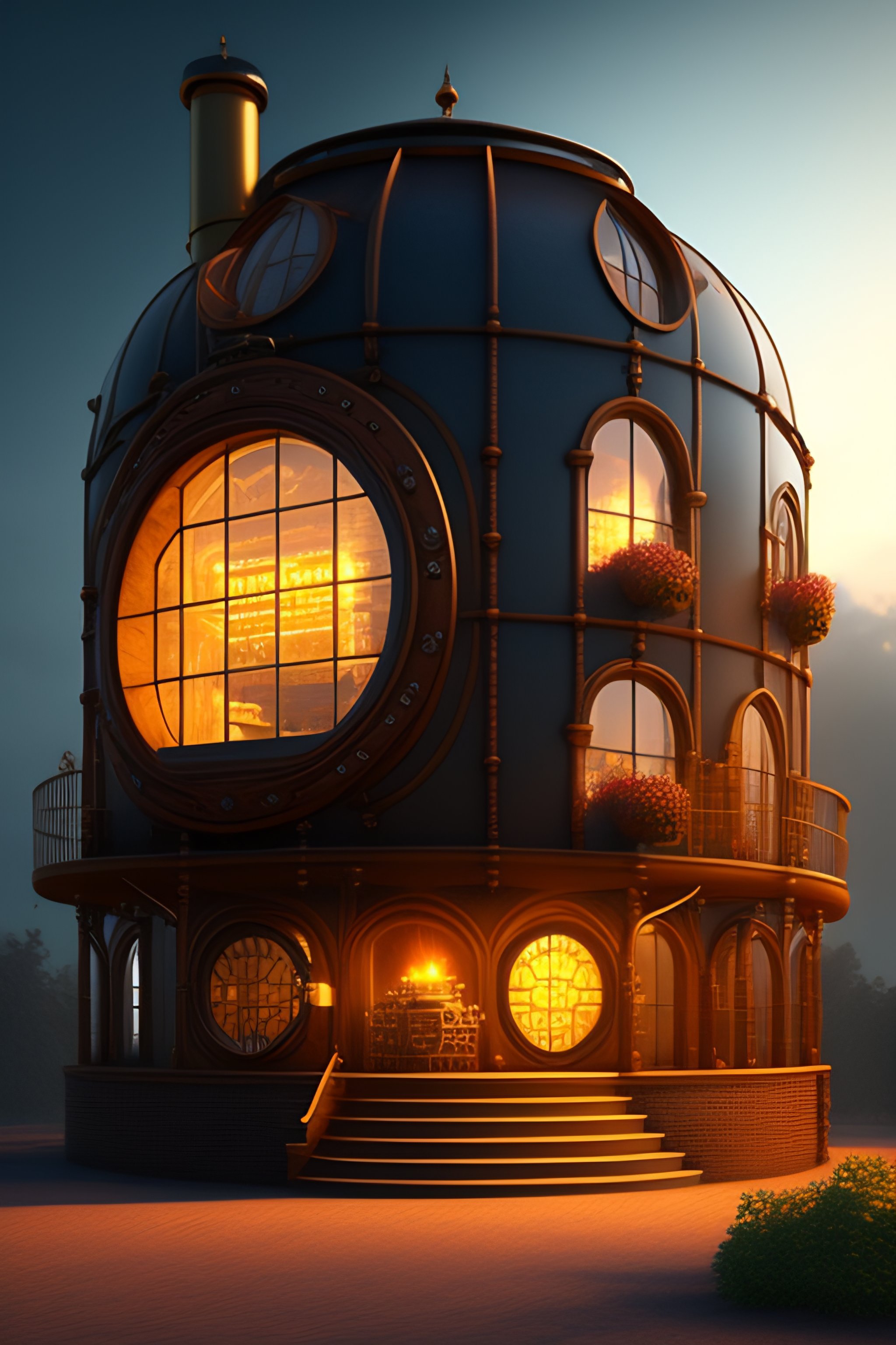Lexica - Steampunk laboratory and library with fireplace and circle window with a scientist