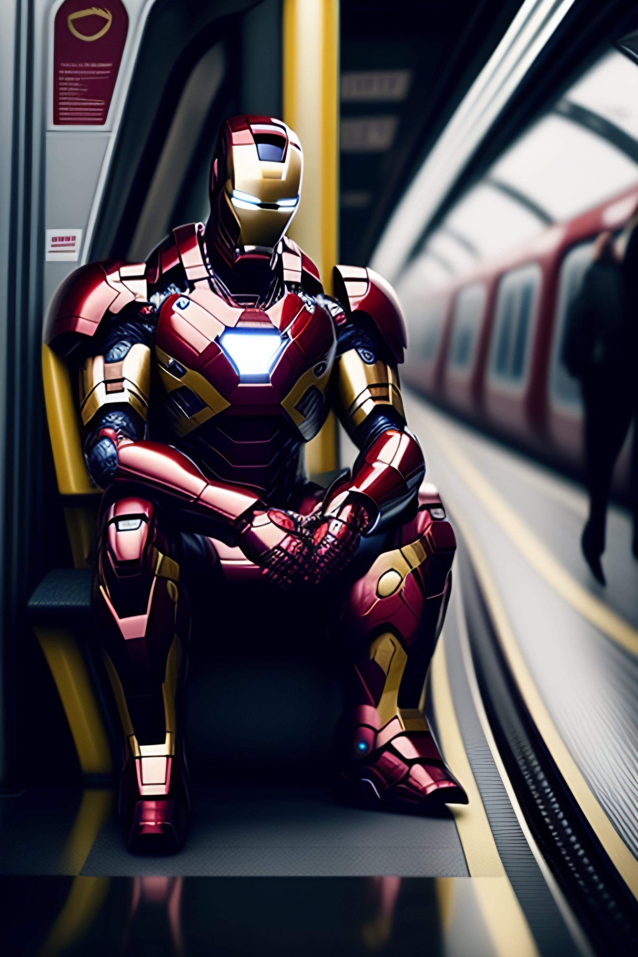 Lexica - Iron Man sitting in the London Underground, wide angle shot