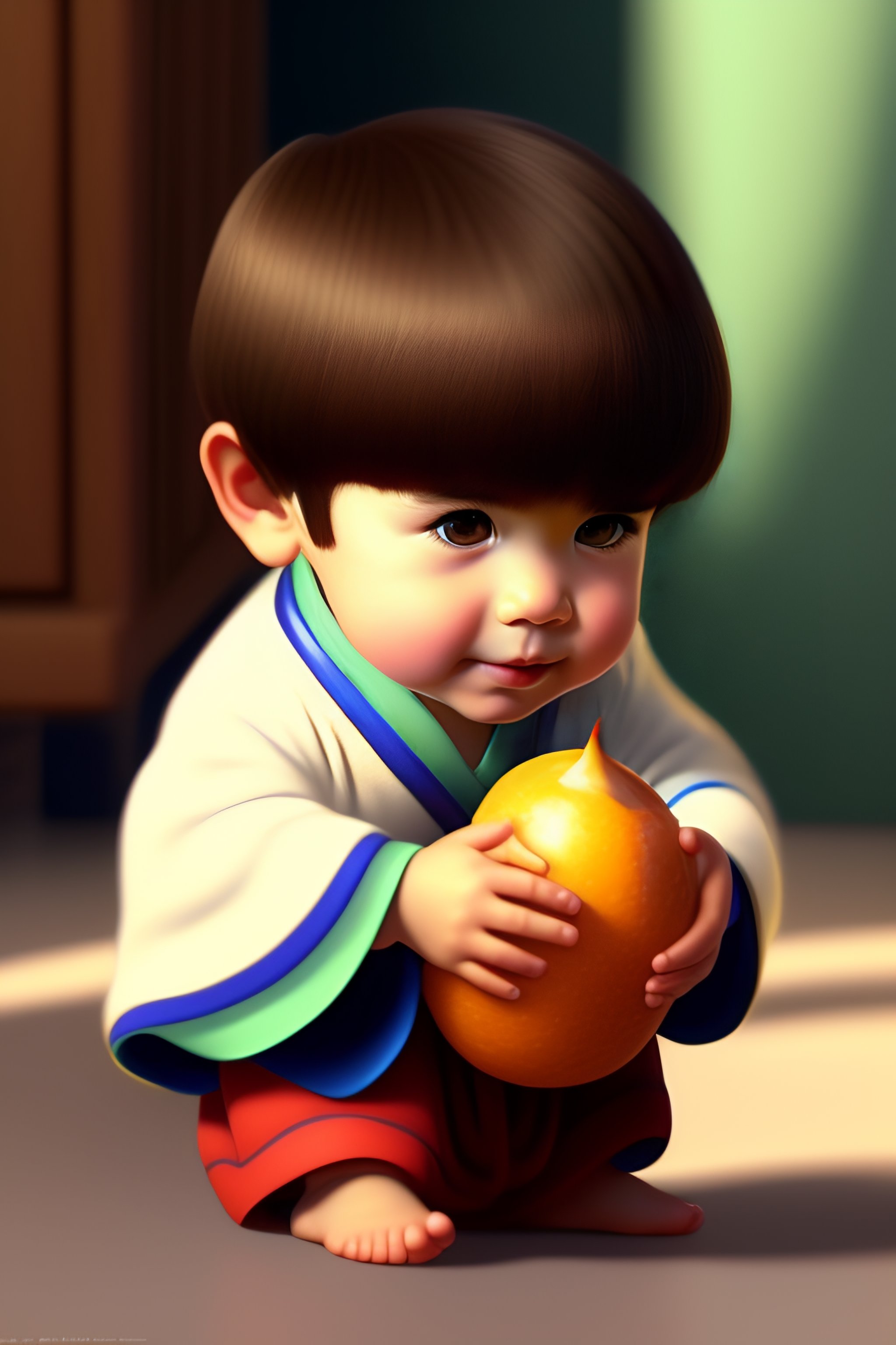 Lexica - Little poopy boy in robe and bowl cut hair, realism, pixar style