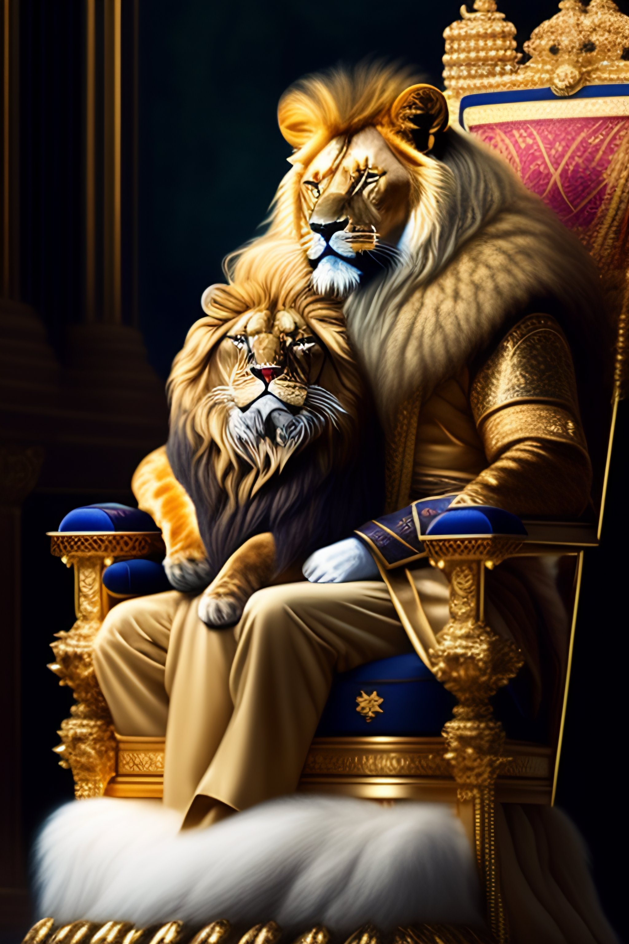Lexica - A homeless man on royal chair with a lion with attitude face ...