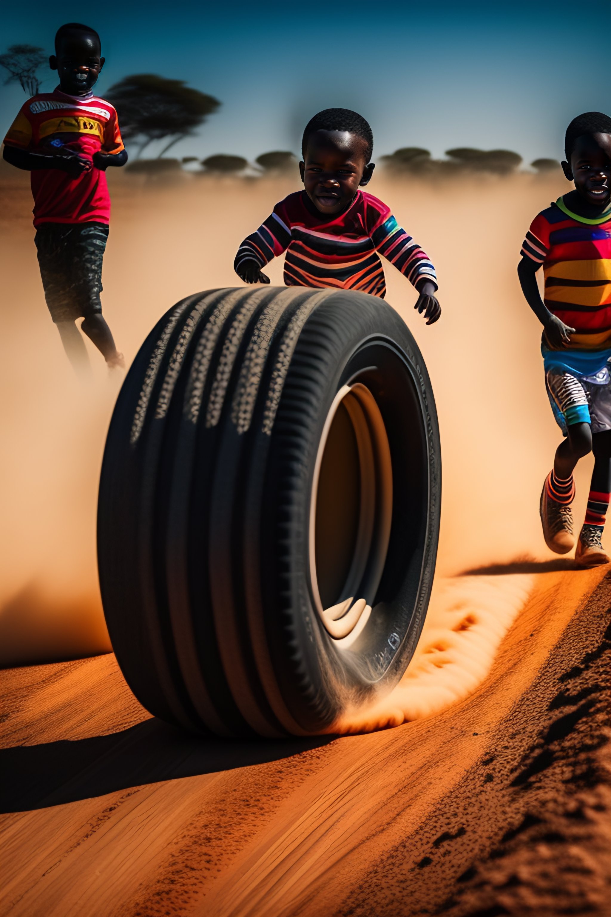 Lexica - African kids rolling a tyre, hero shot, fun, dusty