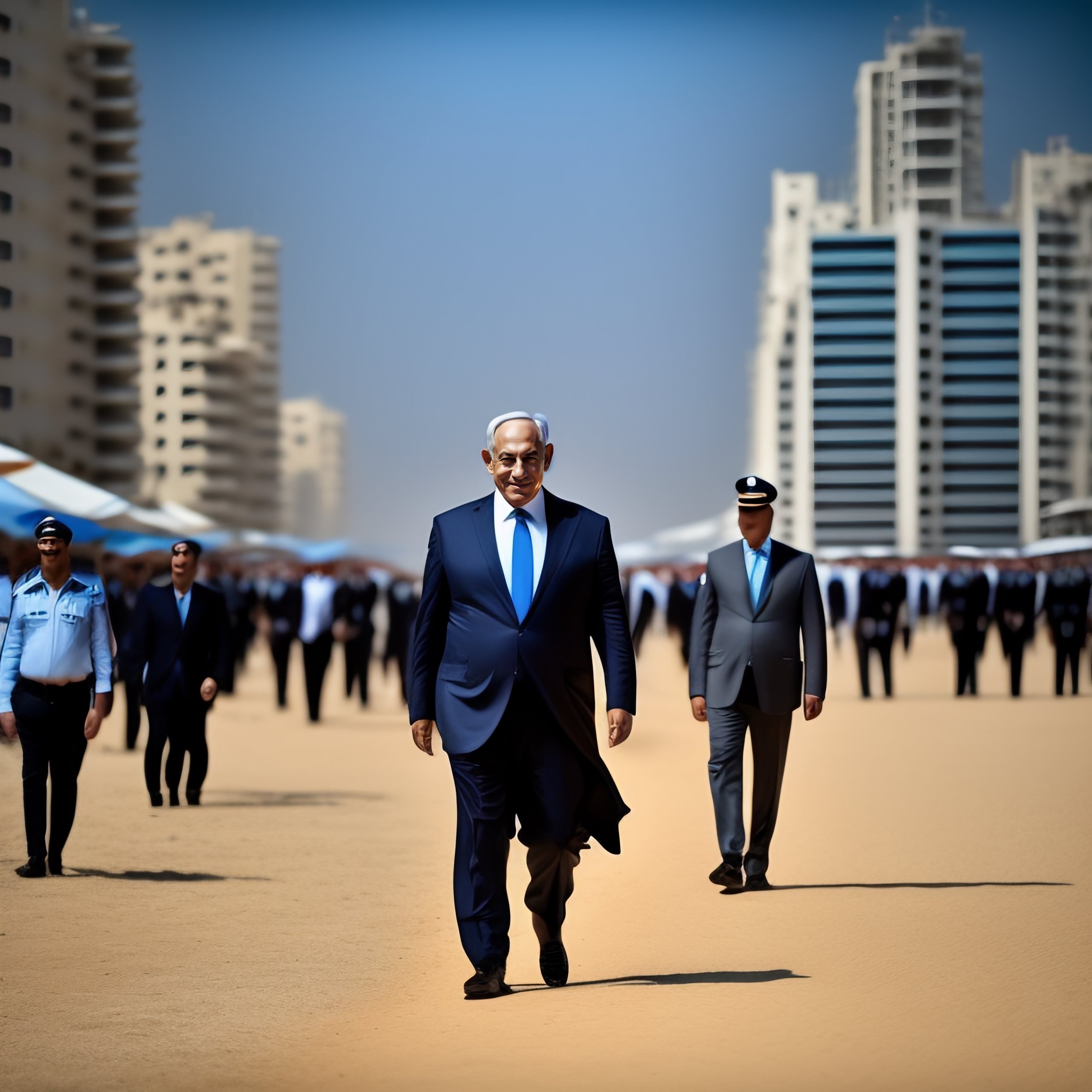 Lexica - Benjamin Netanyahu going on a walk in Tel Aviv beach