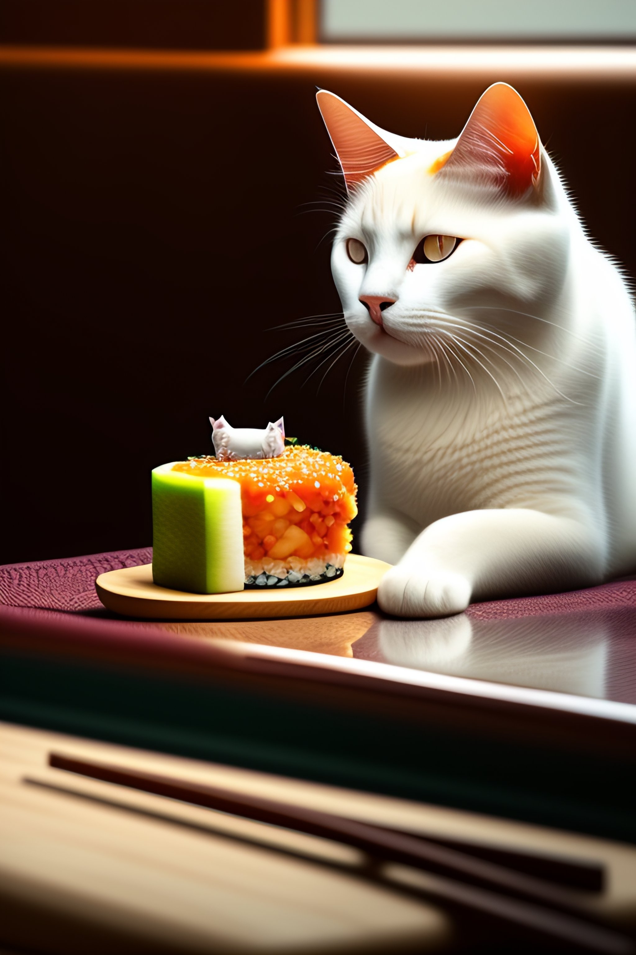 Lexica - White cat eating sushi