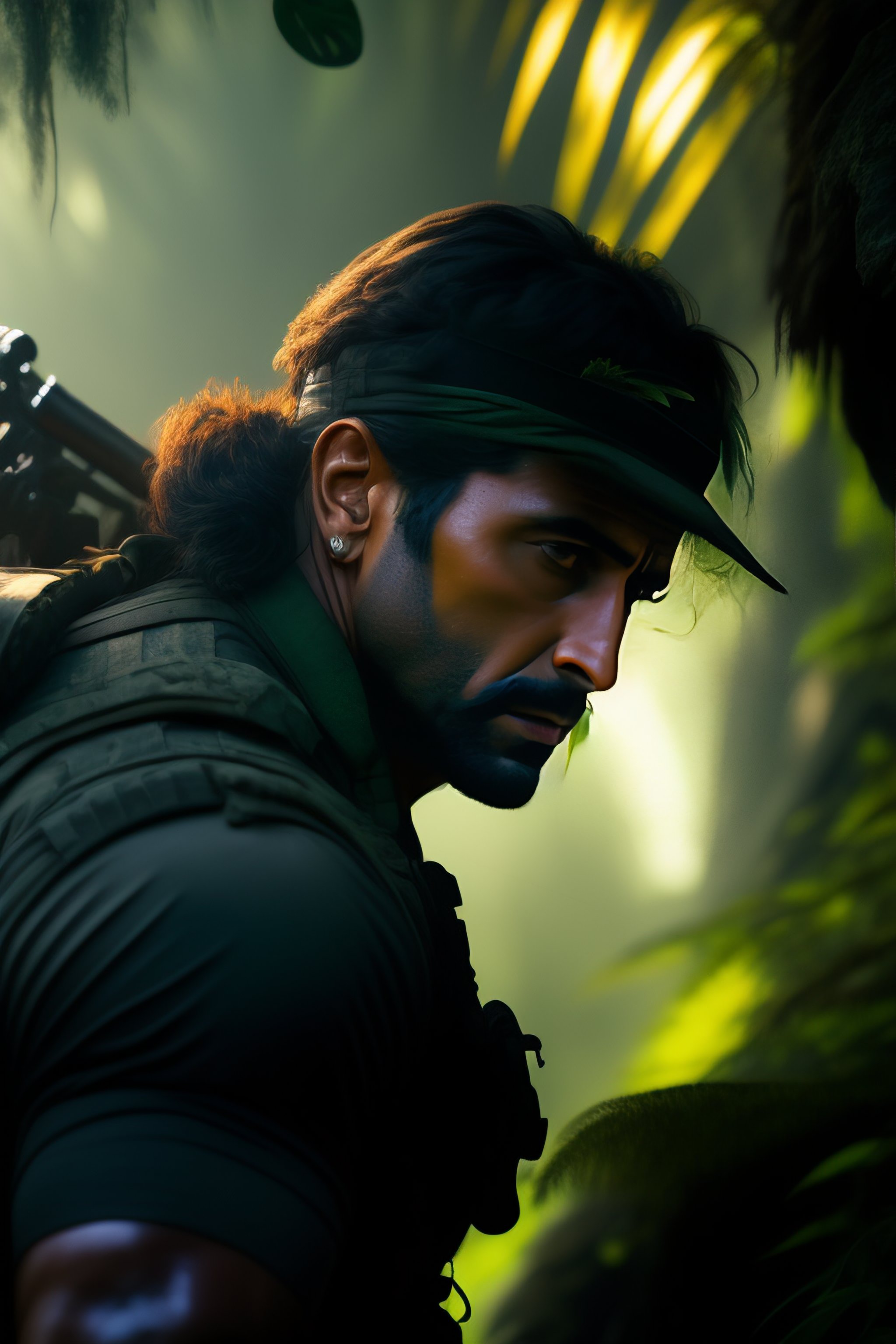 Lexica - Action shot of john rambo in a jungle, cinematic lighting ...