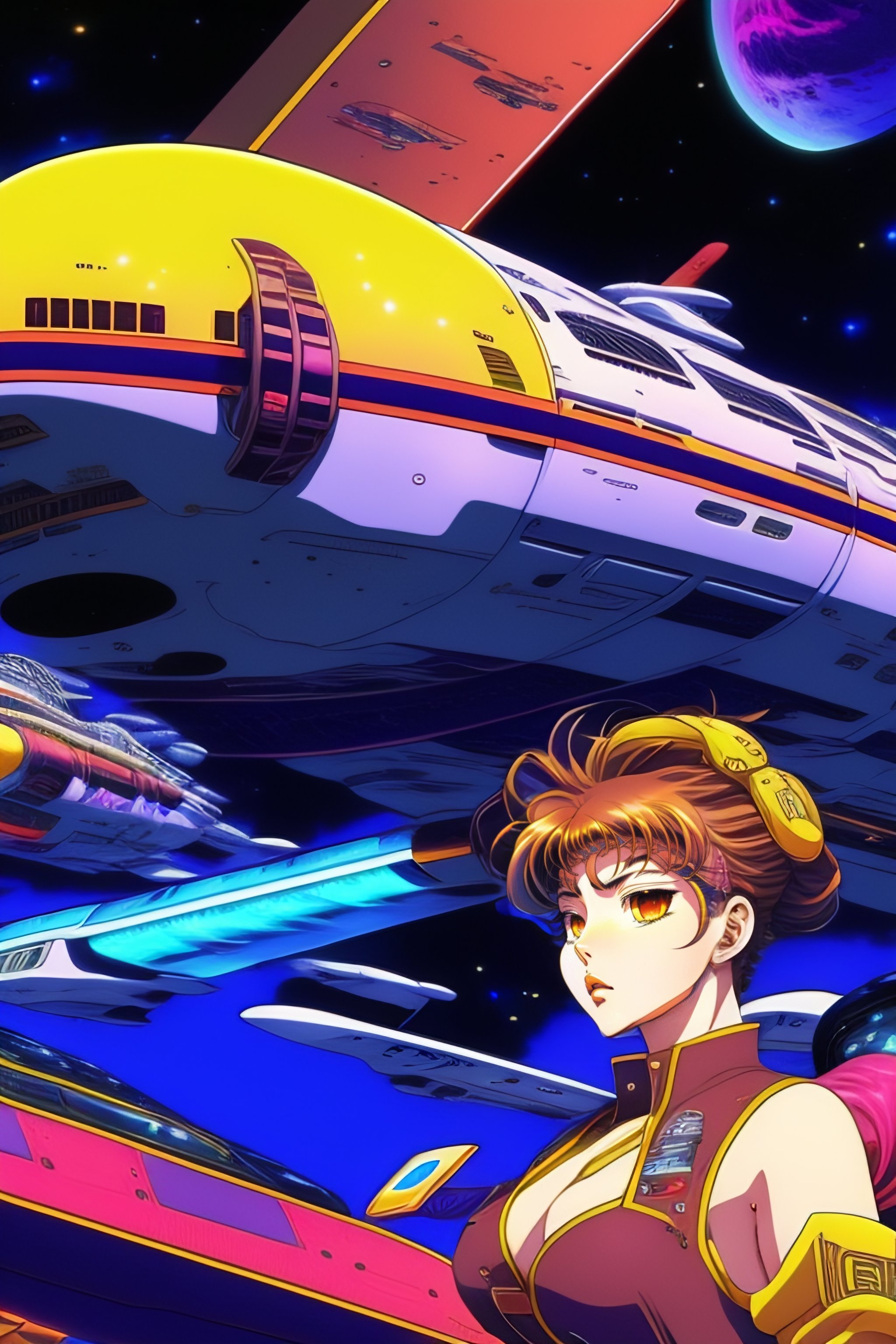 Lexica - Vintage 90's anime style. cluttered starship interior; male ...