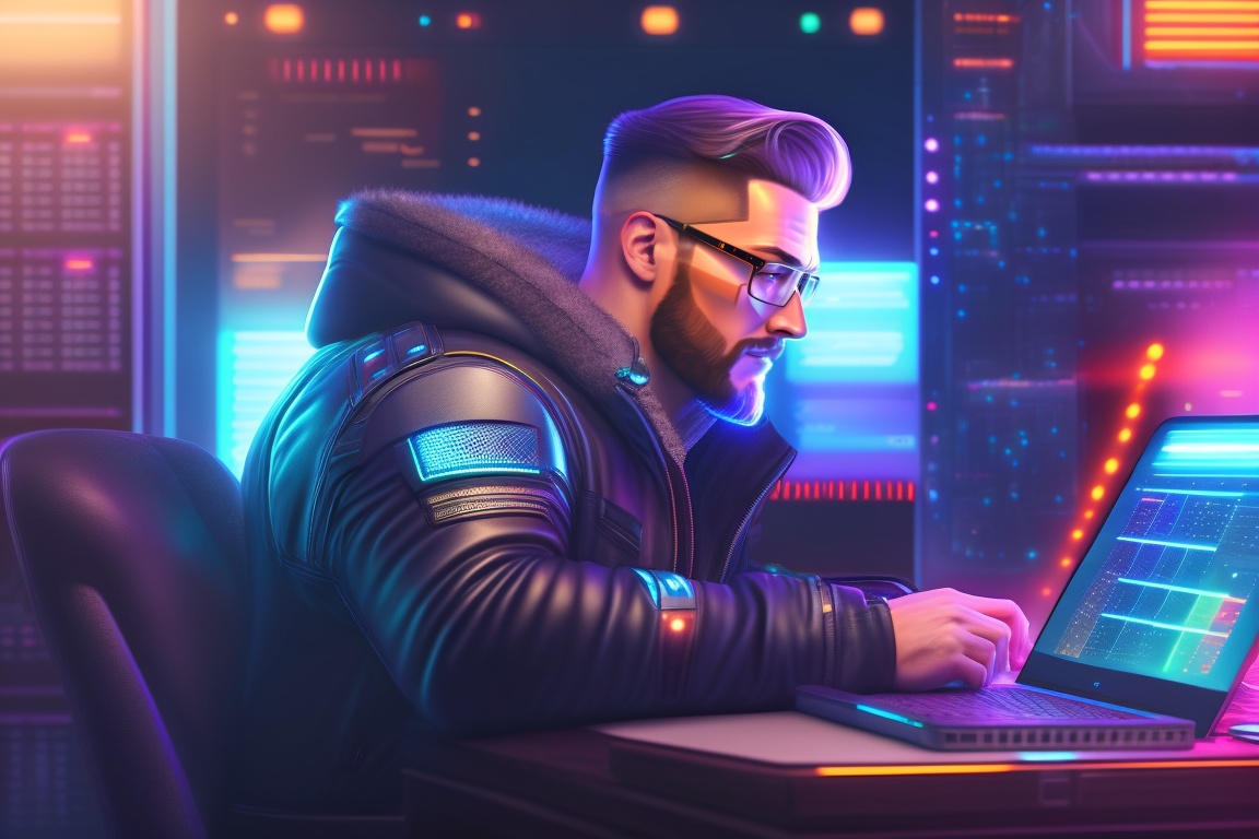 Lexica - Realistic successful man coding on a laptop in the gaming room ...