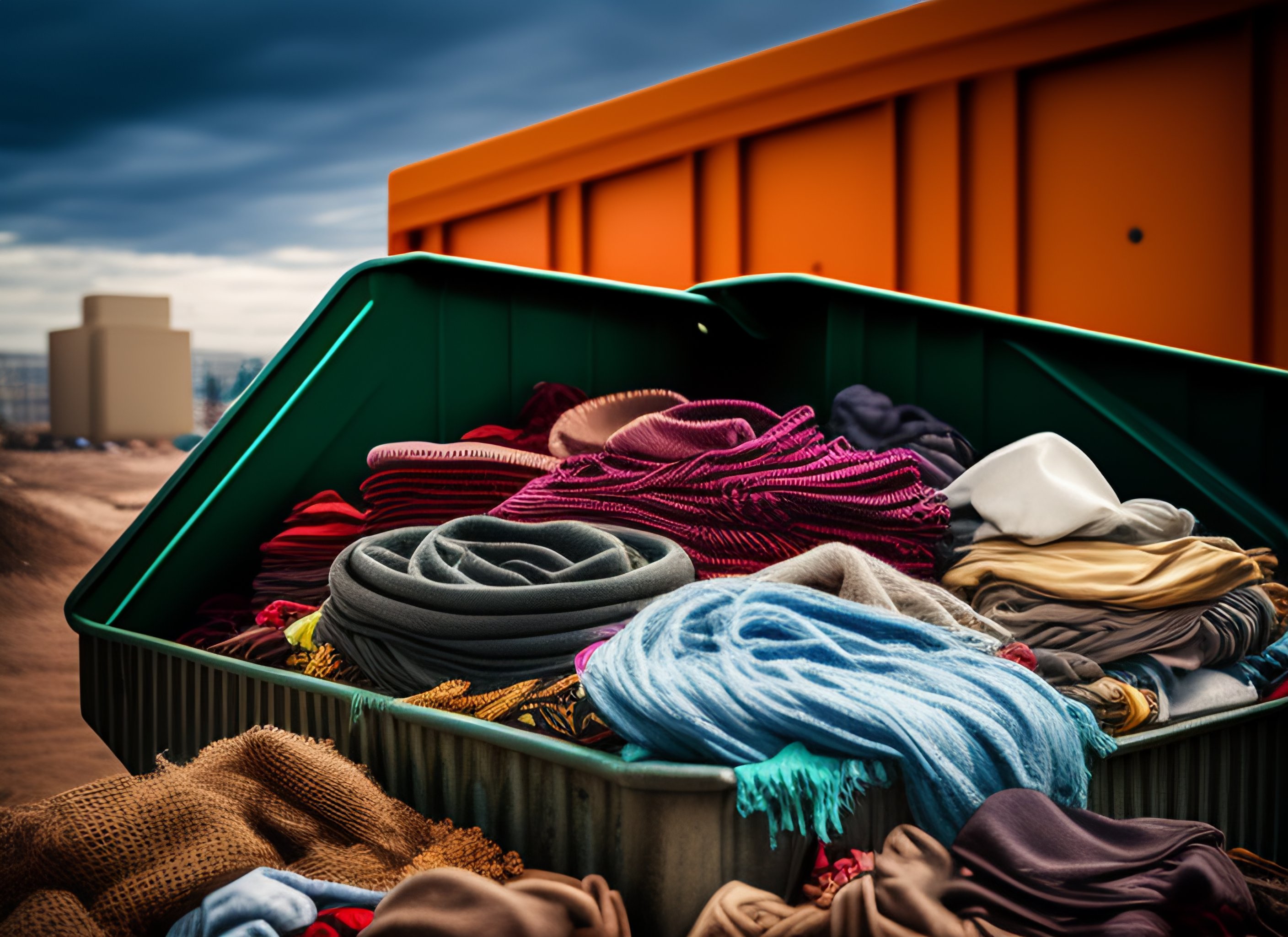 Lexica - Used clothing in dumpster, fast fashion, dirt, pollution,