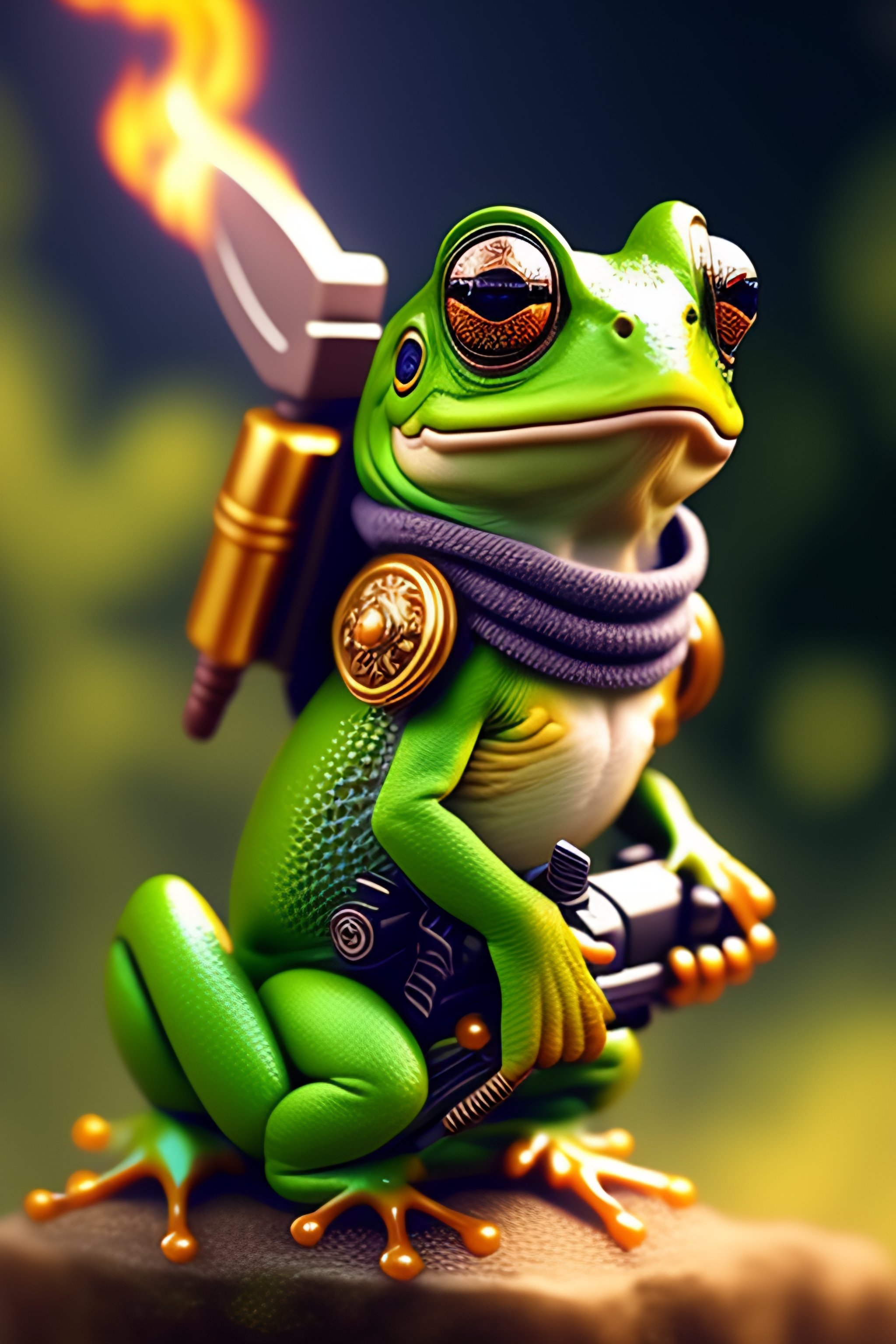 Lexica - A frog wielding a rocket-launcher from a video game.