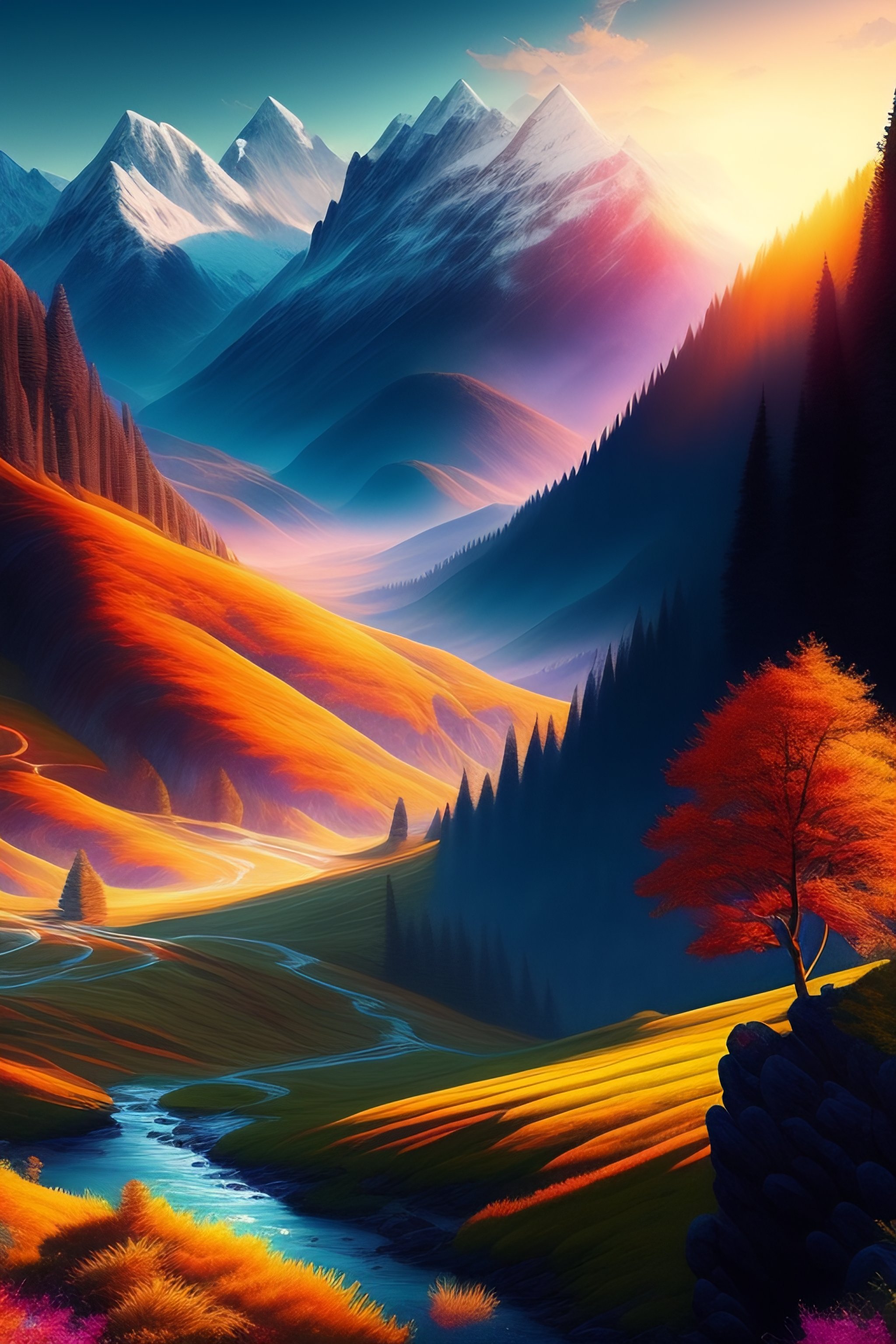 Lexica - A stunning landscape of towering mountains and rolling valleys ...