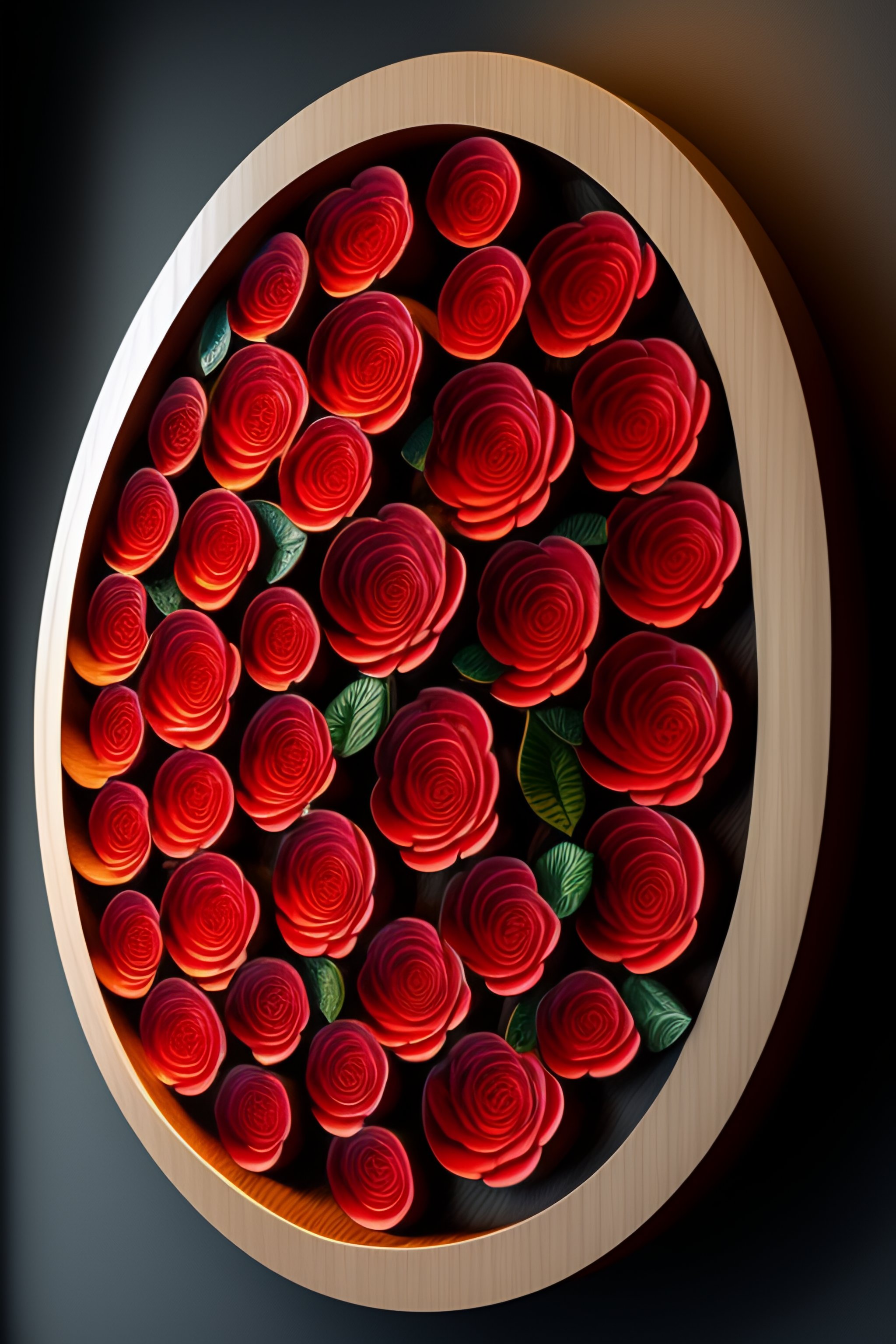 Lexica - Red roses surronded by circular arrangment of leaves, carved ...