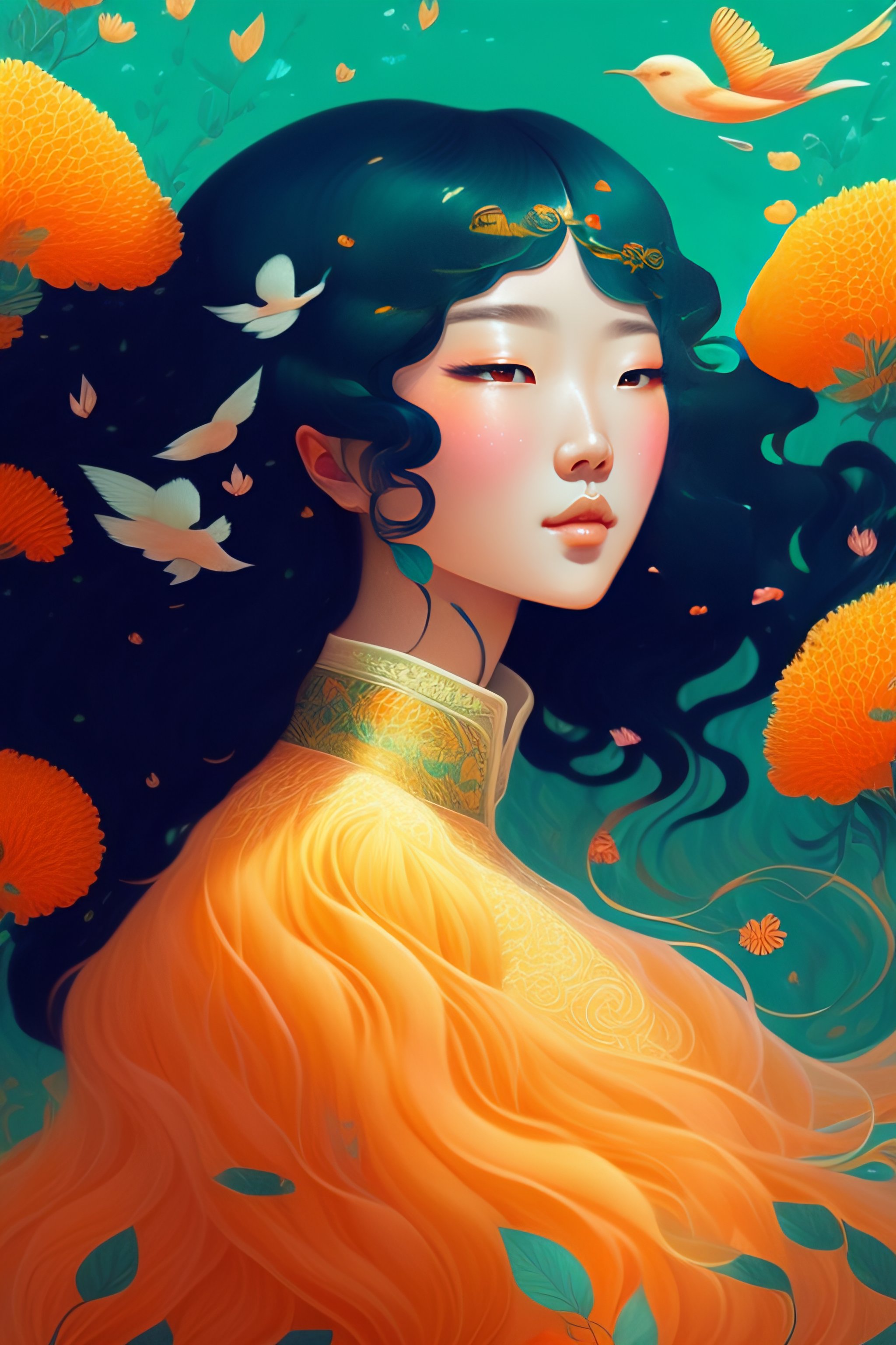 Lexica - Beautiful cute front portrait Korean ninfa, big long curly ...