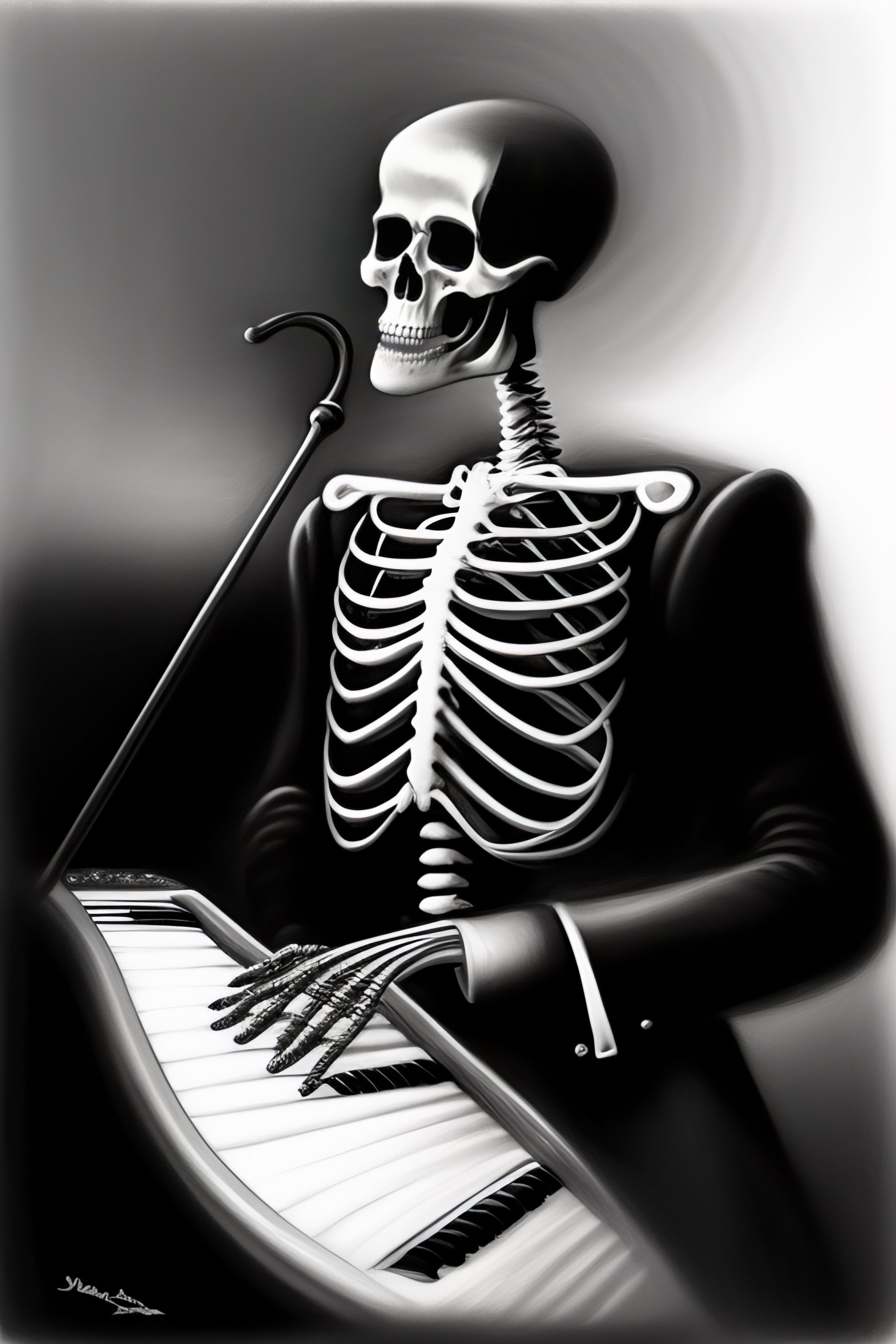 Lexica - A black and white sketch of a skeleton playing jazz