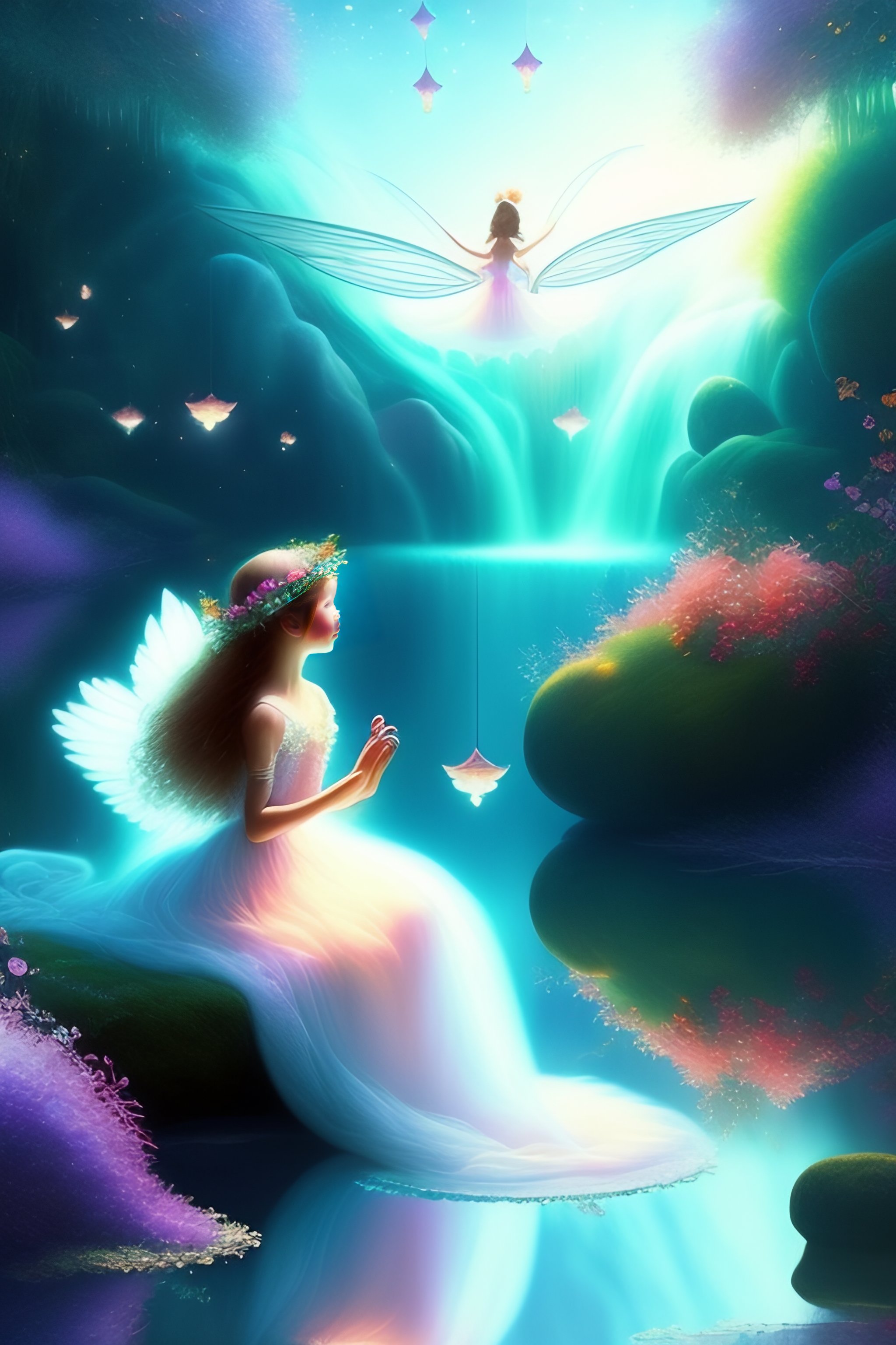 Lexica - Imagine a beautiful, serene scene in which a group of fairies ...