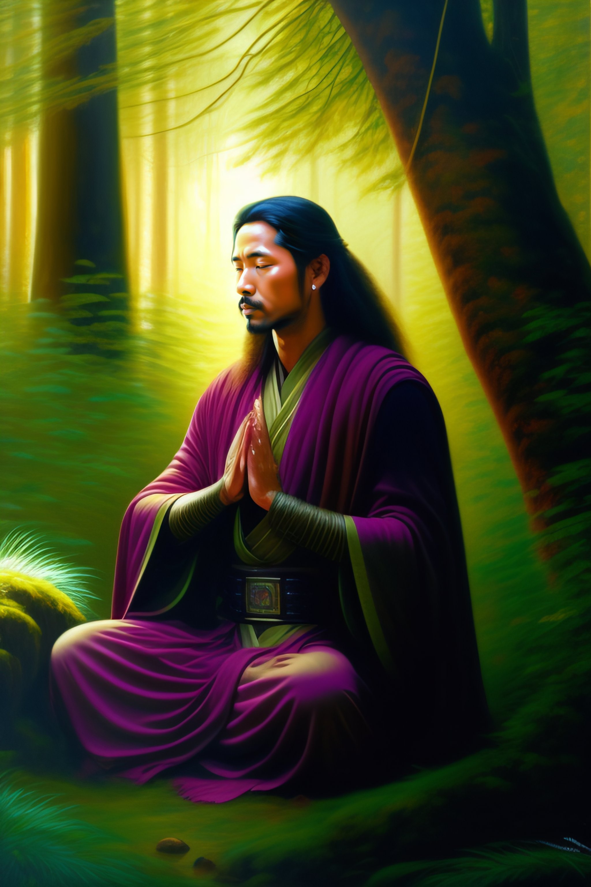 Lexica - A Jedi meditating in the forest, oil painting