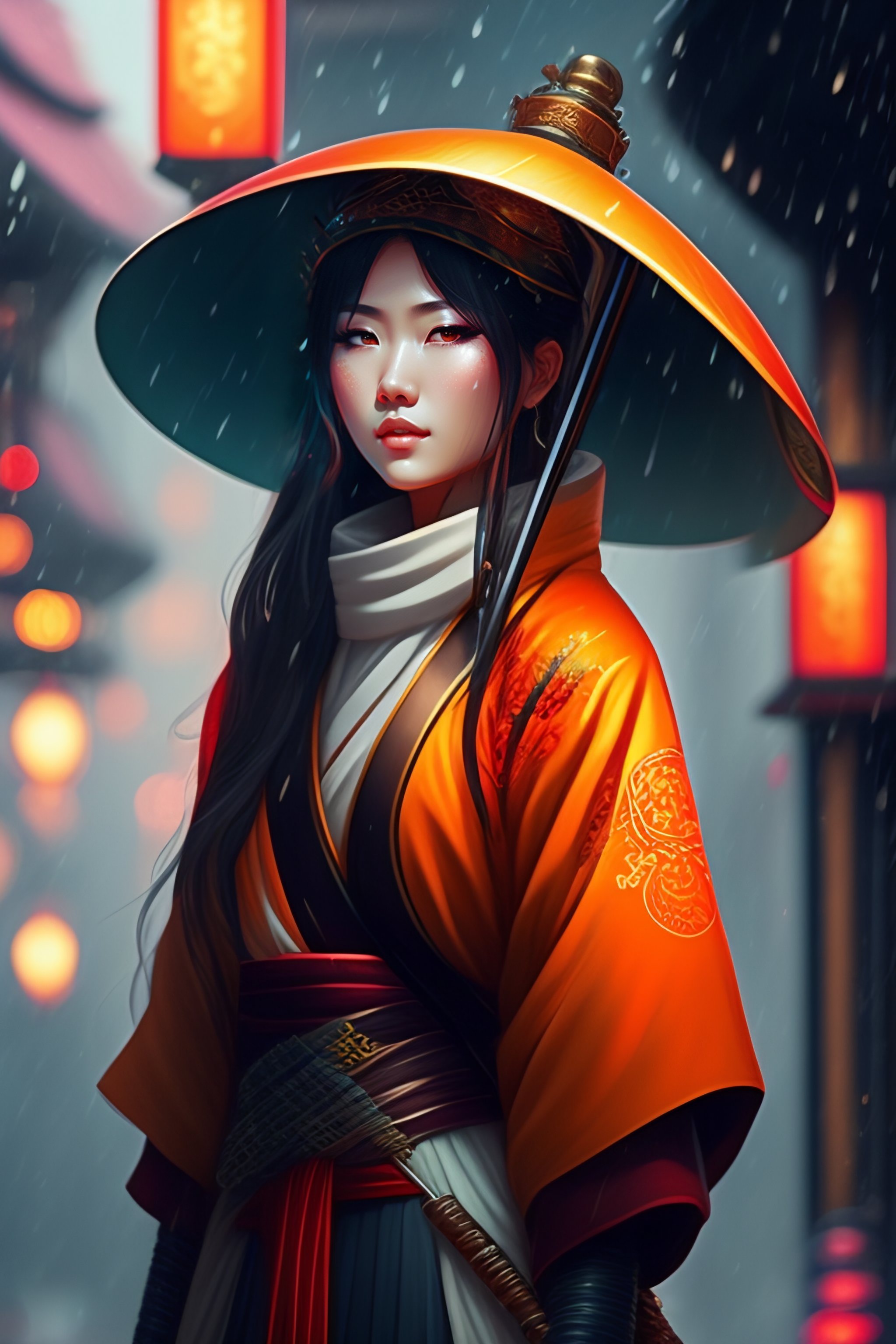 Lexica - Anime samurai girl standing in the rain wearing traditional ...