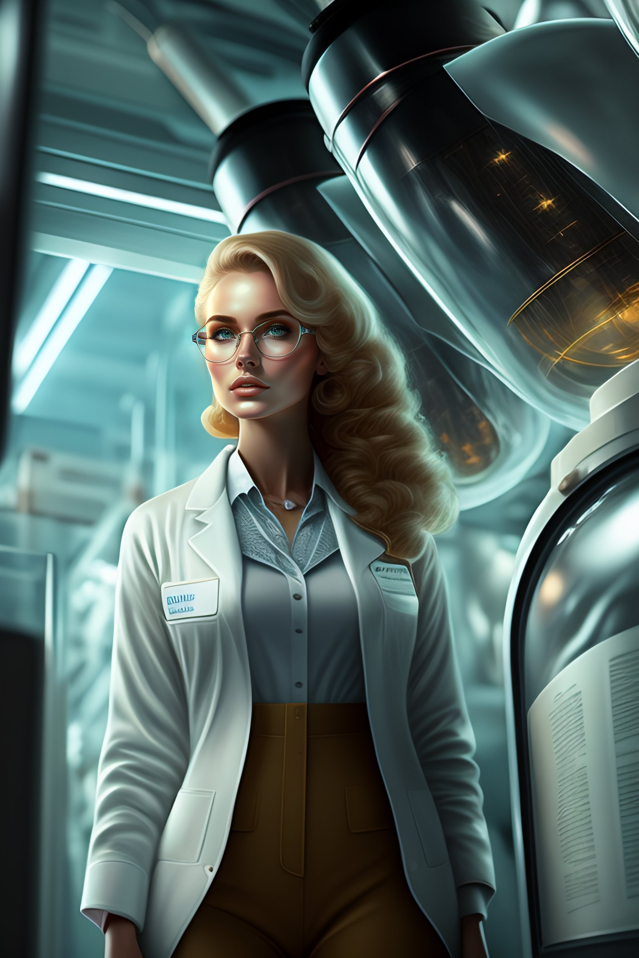 Lexica - Beautiful girl, wearing lab coat and glasses, holding a ...