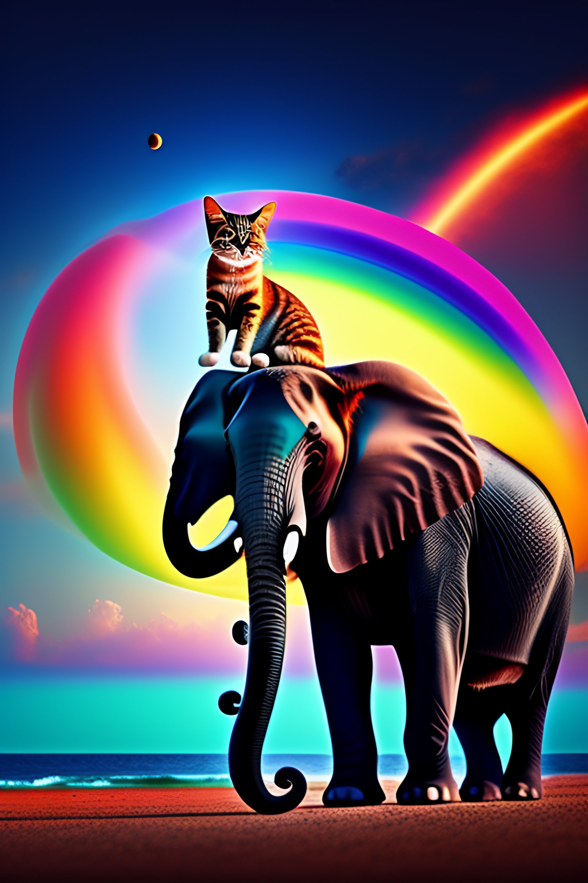 Lexica - Cat riding elephant in a universe of pizzas, rainbow in the ...