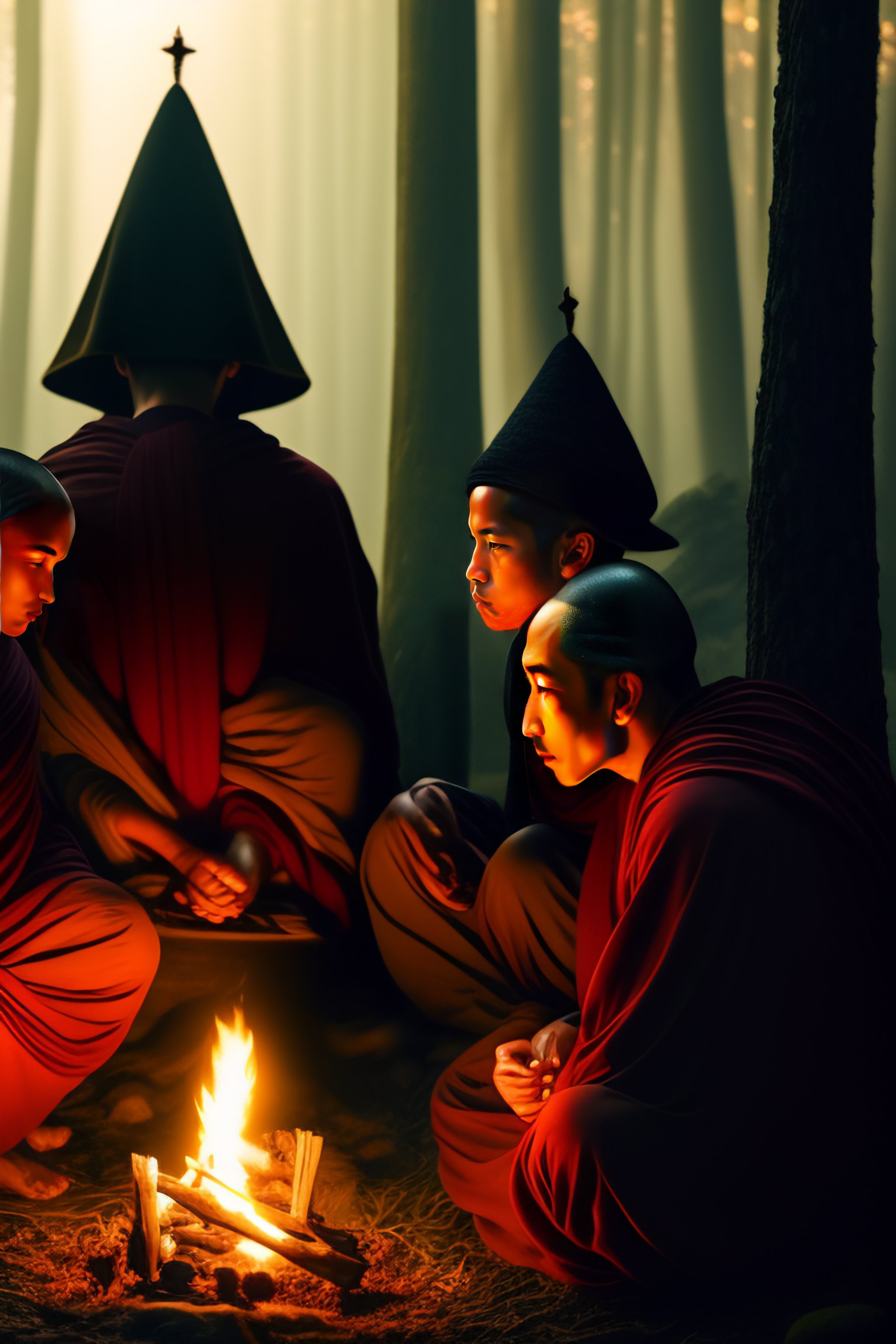 Lexica - Three monks in a dark forest sit around a fire and drink tea