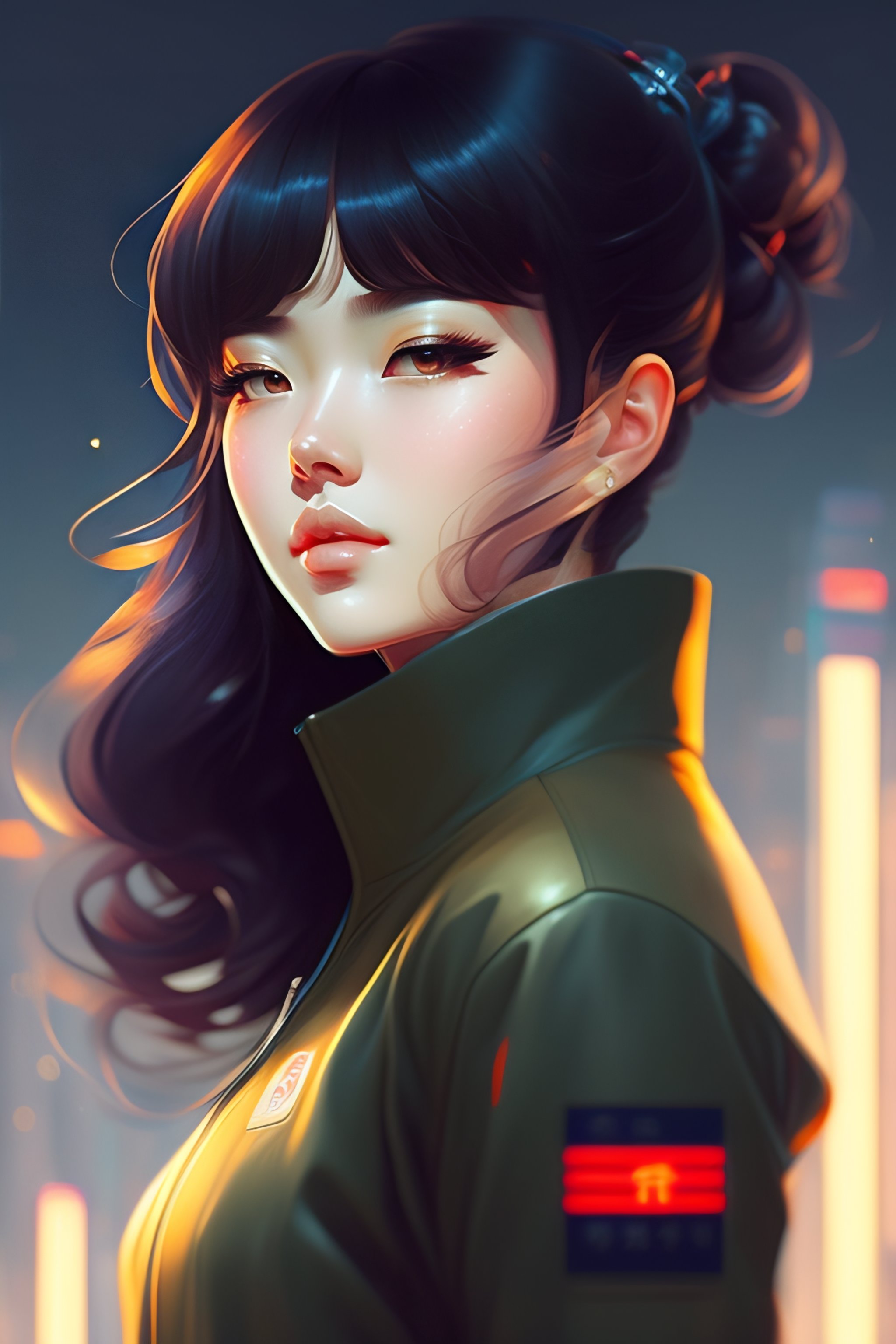 Lexica - Elegant girl in urban outfit, cute fine face, rounded eyes ...