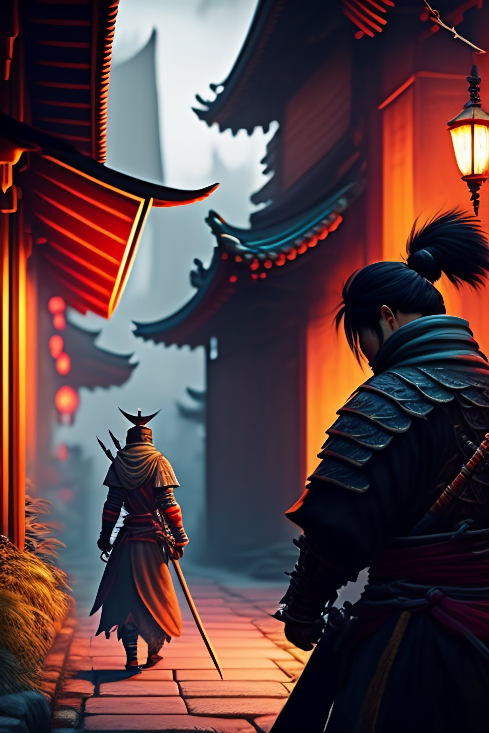 Lexica - Sekiro in asian streets, night party, 2d, cartoon