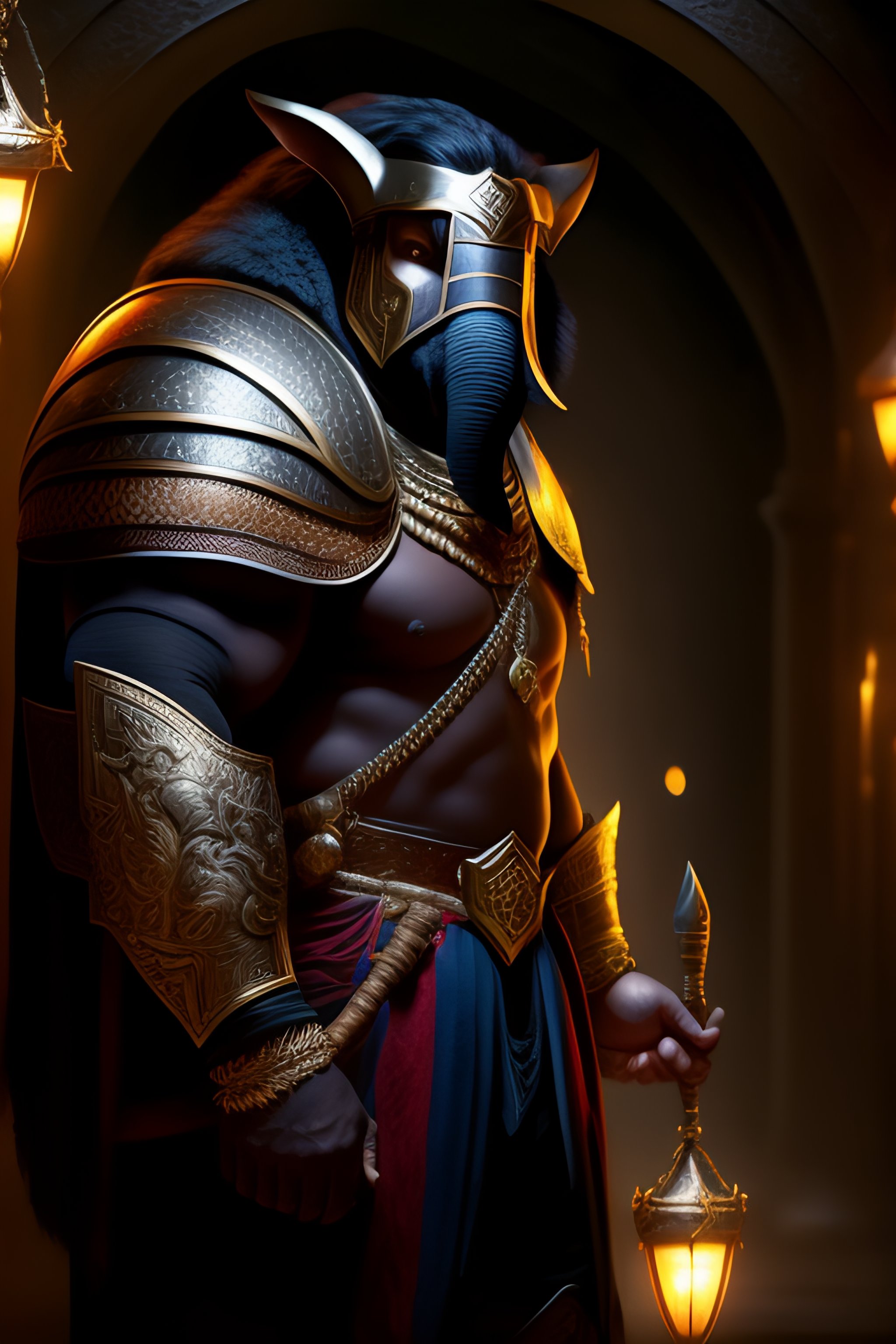 Lexica - Human elephant hybrid, looking motivated, holding a sledge ...