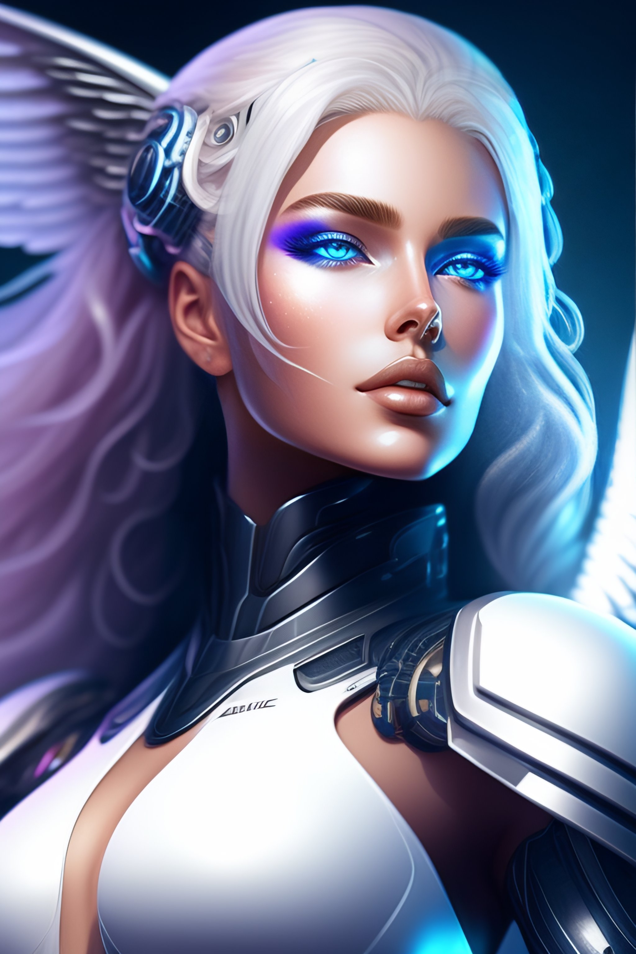 Lexica - Beautiful woman as cyborg angel, blue eyes, white hair, front ...