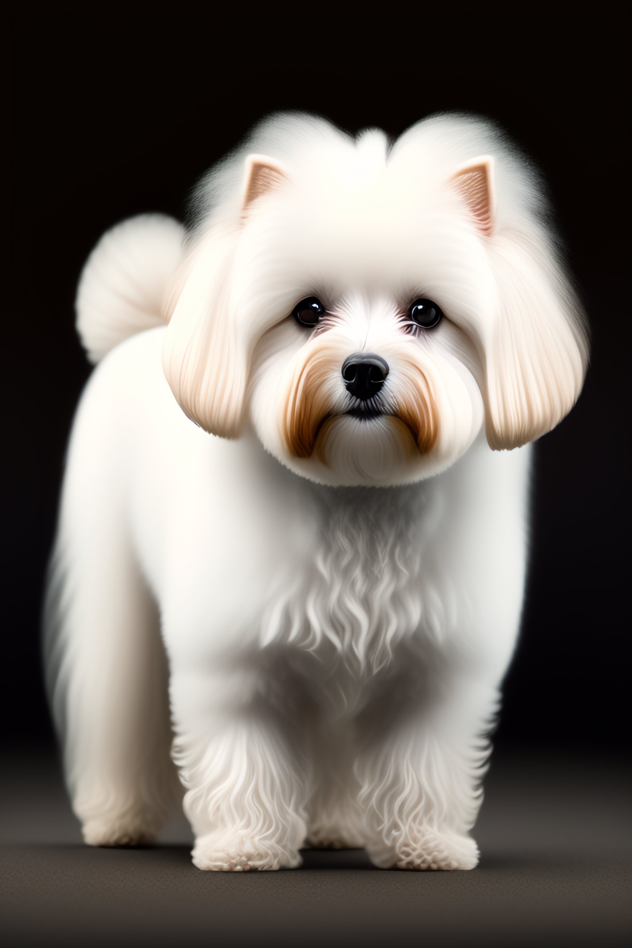 Lexica - Yorkshire small white furry dog with fluffly hair and black tail