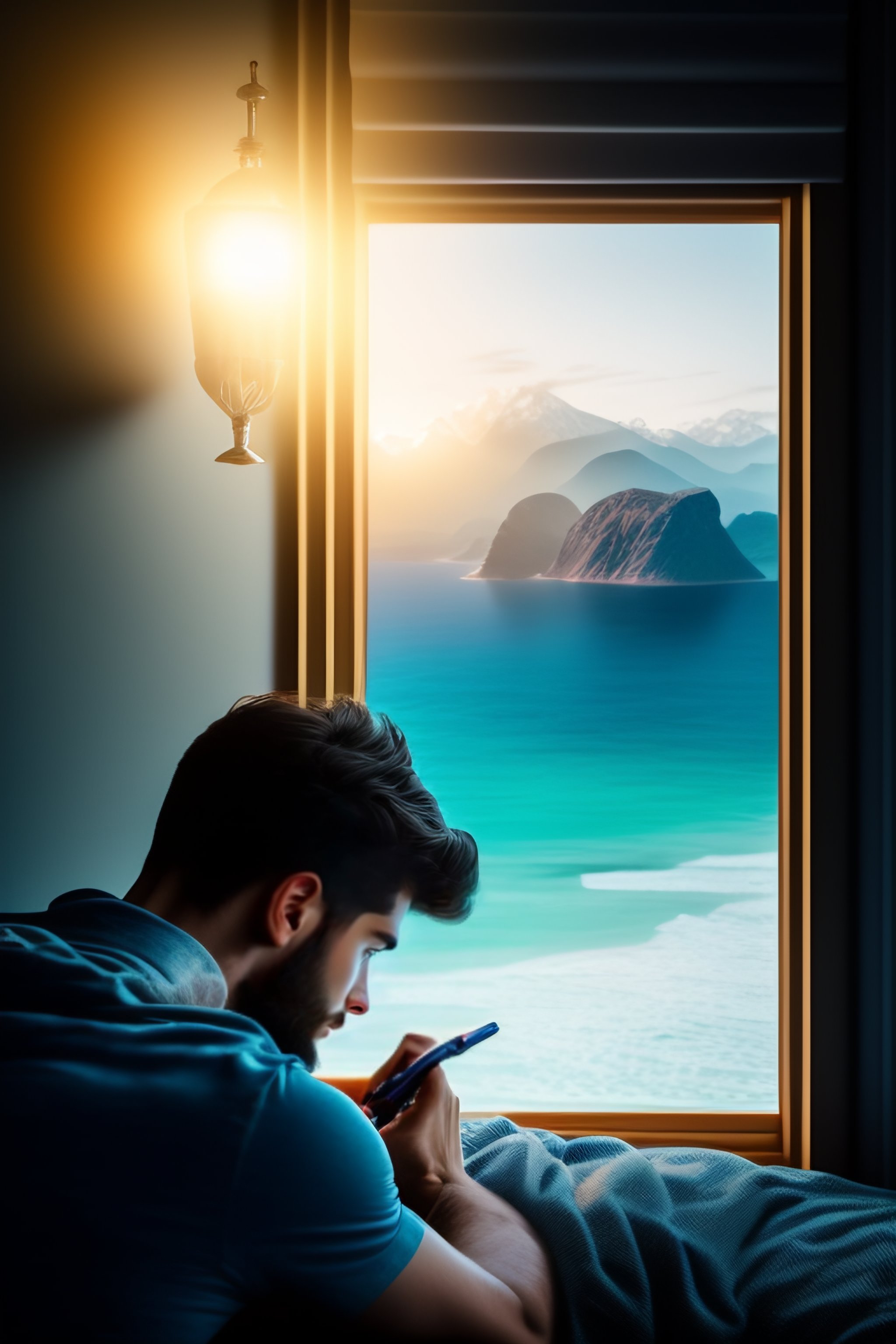Lexica - A guy journaling in his room with a beautiful view