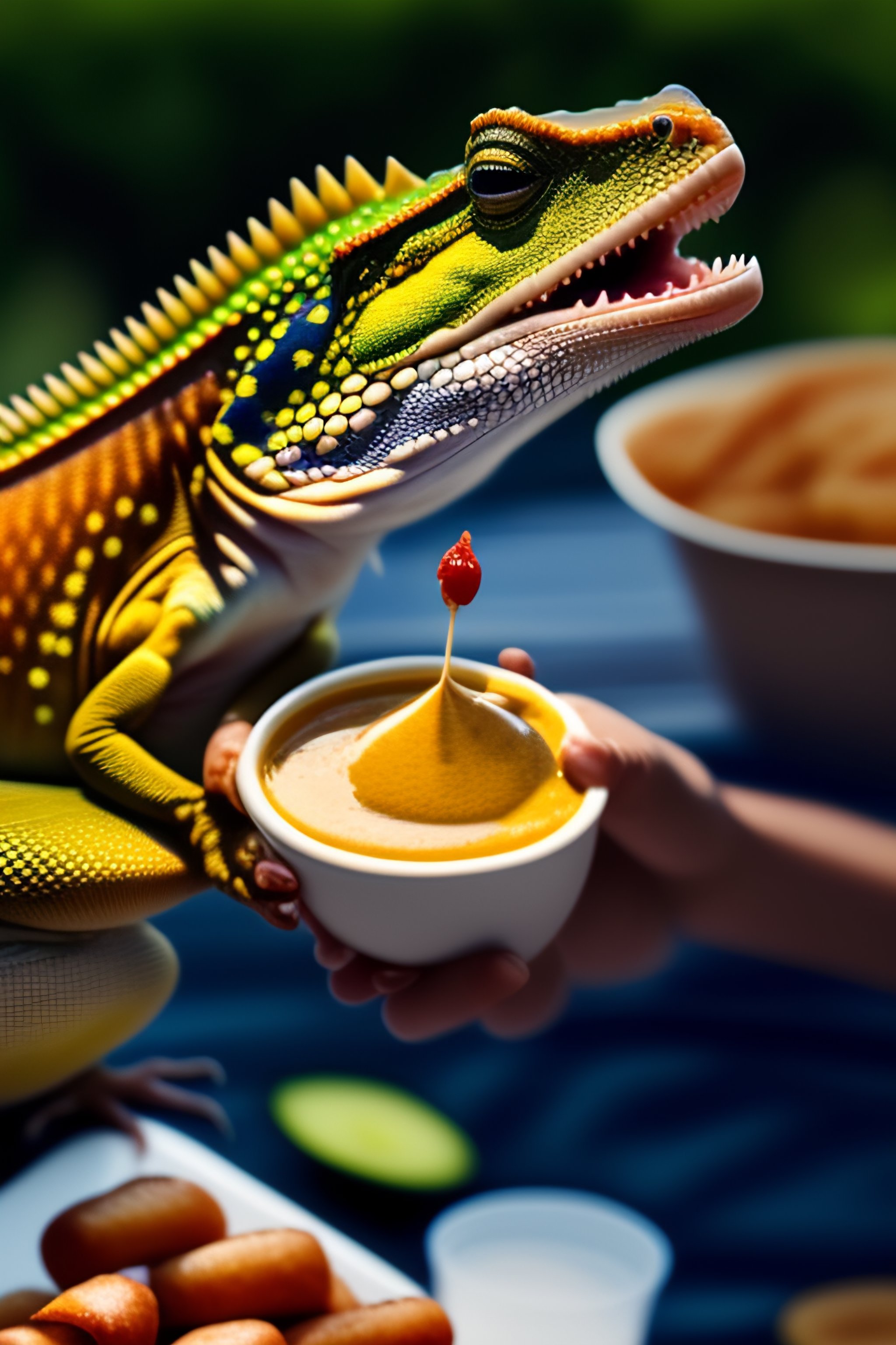 Lexica - Lizards eating hotdogs with mustard at the picnic