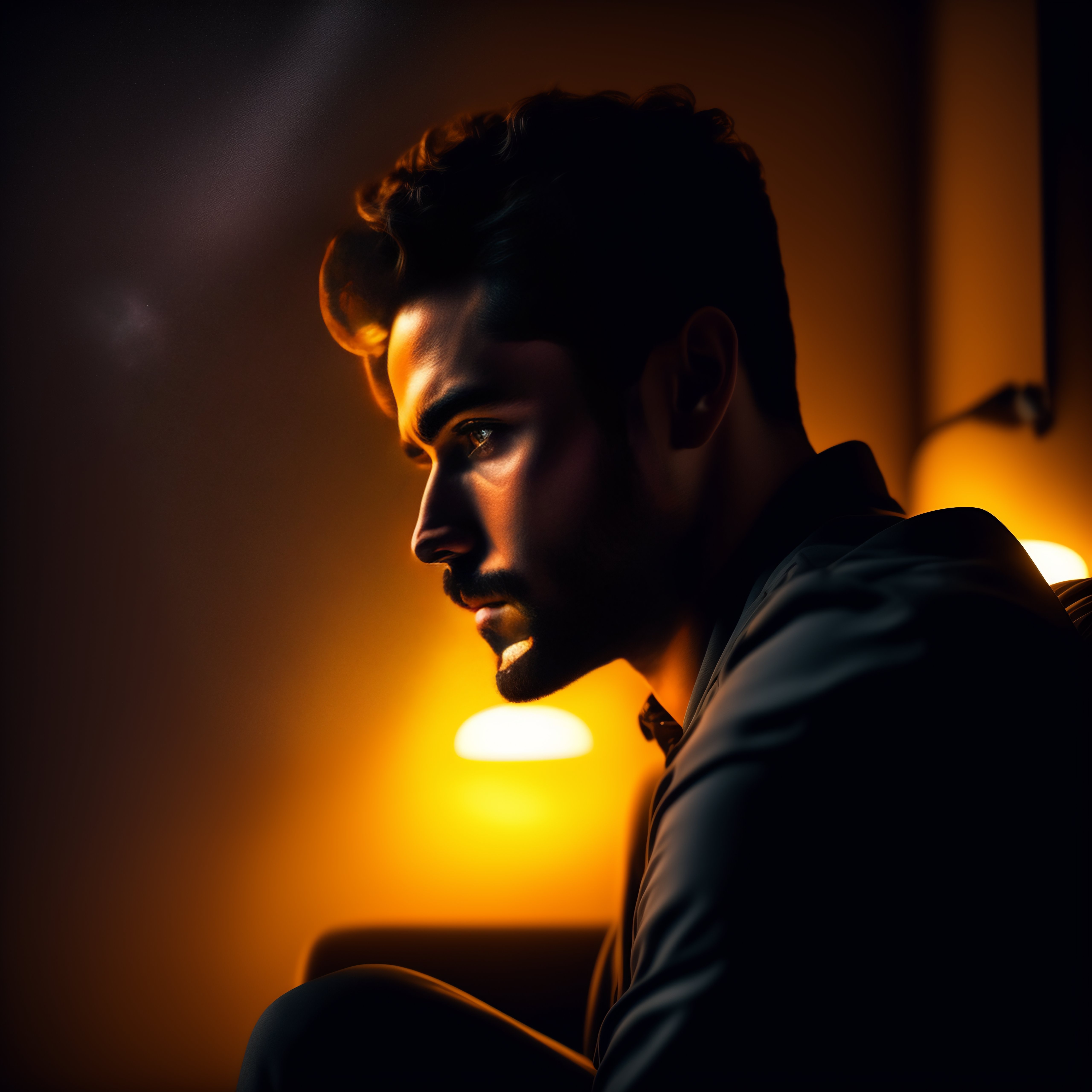 Lexica - A man sitting on a couch in a dark room with pitch-black background