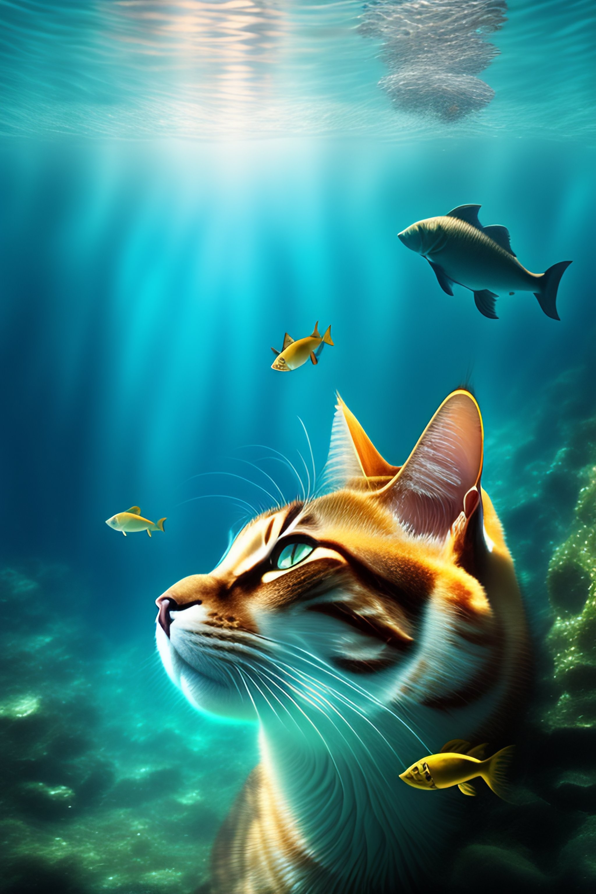 Lexica - Cat under water with sea insade, fish, seahorse,