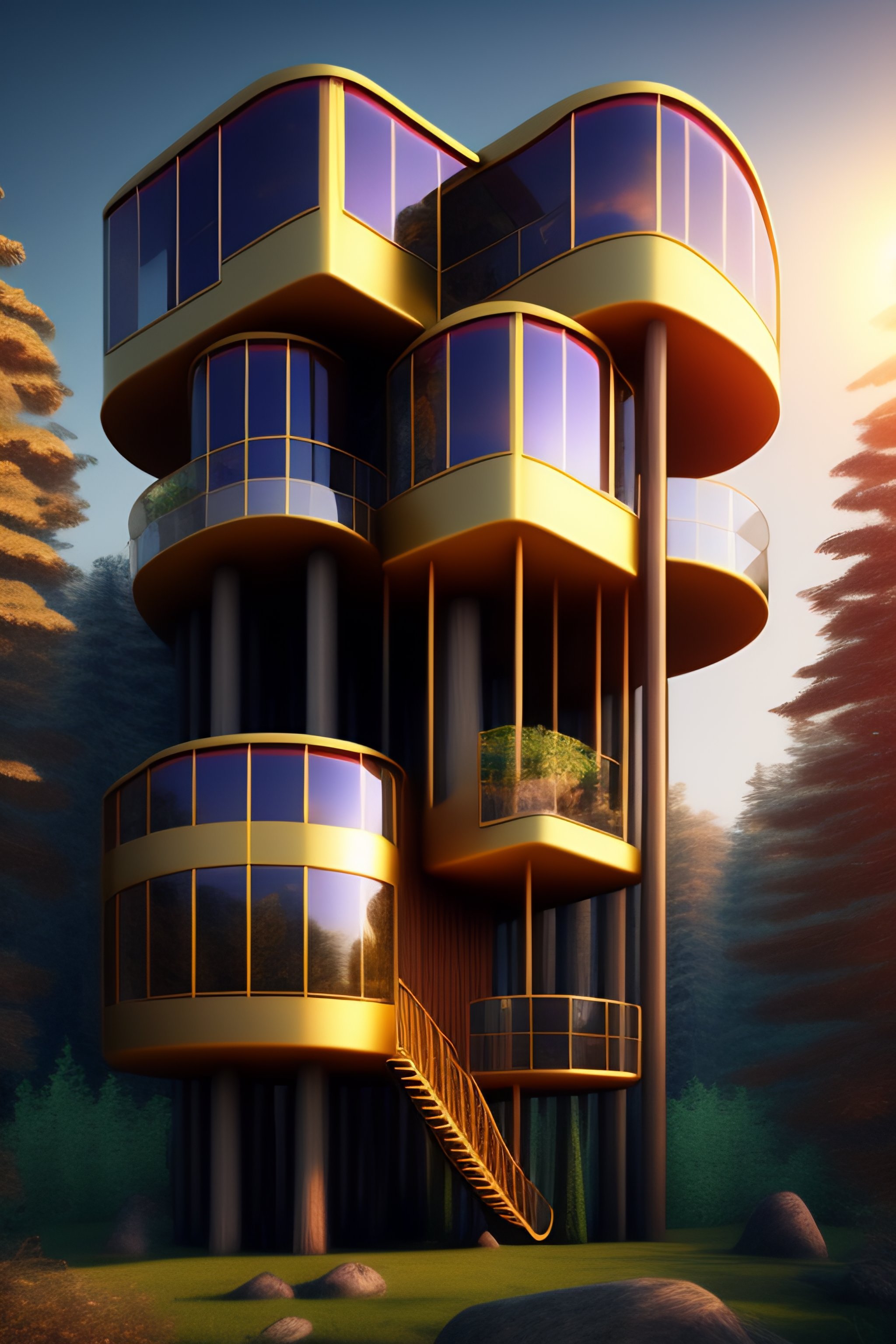 Lexica - An over engineered luxury treehouse, complex architecture, sun ...