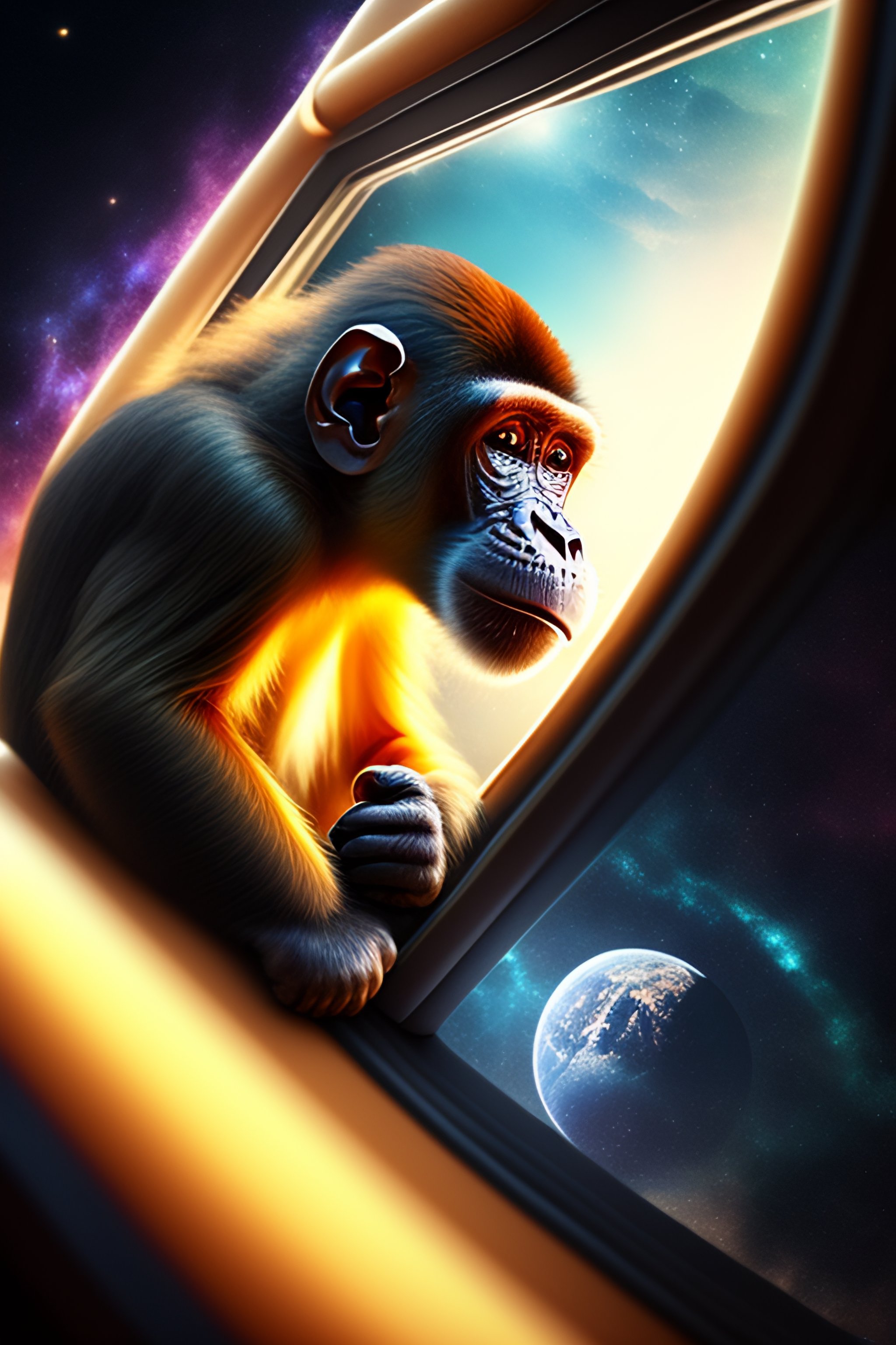 Lexica - A monkey looking to earth from a window spaceship in space ...