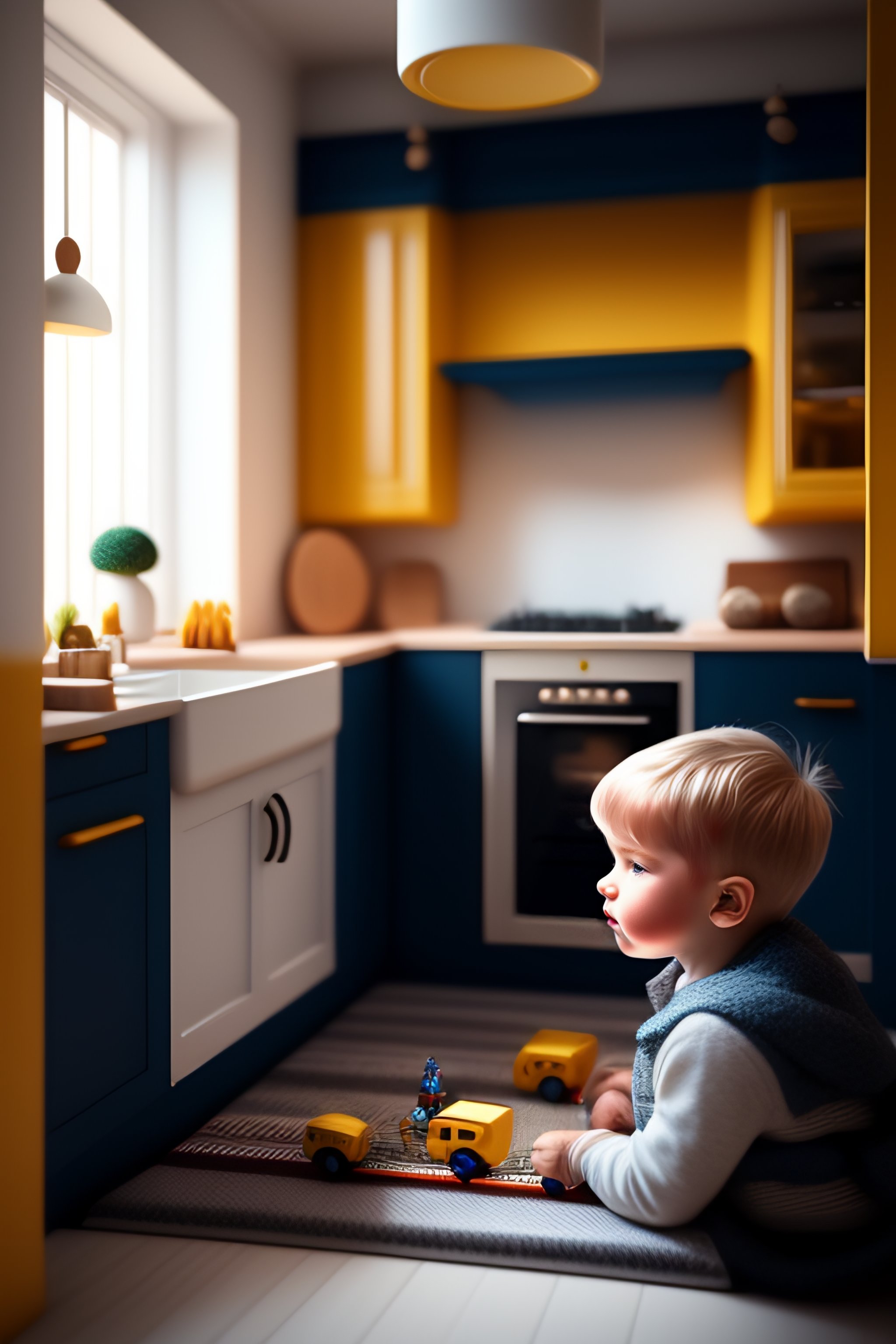 Lexica - C4D render of blond kid in the kitchen playing with a little ...